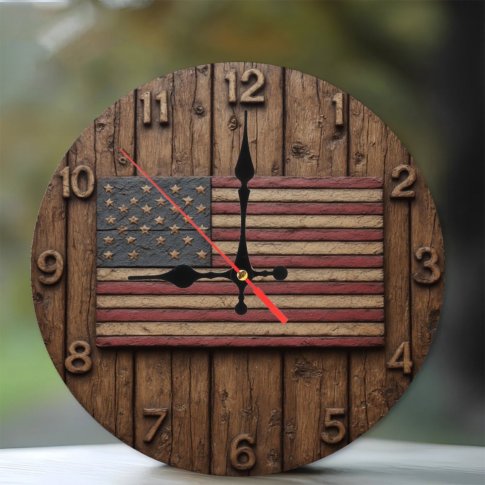 10-Inch Silent Wooden Wall Clock, " American Flag Wall Clock Rustic ...