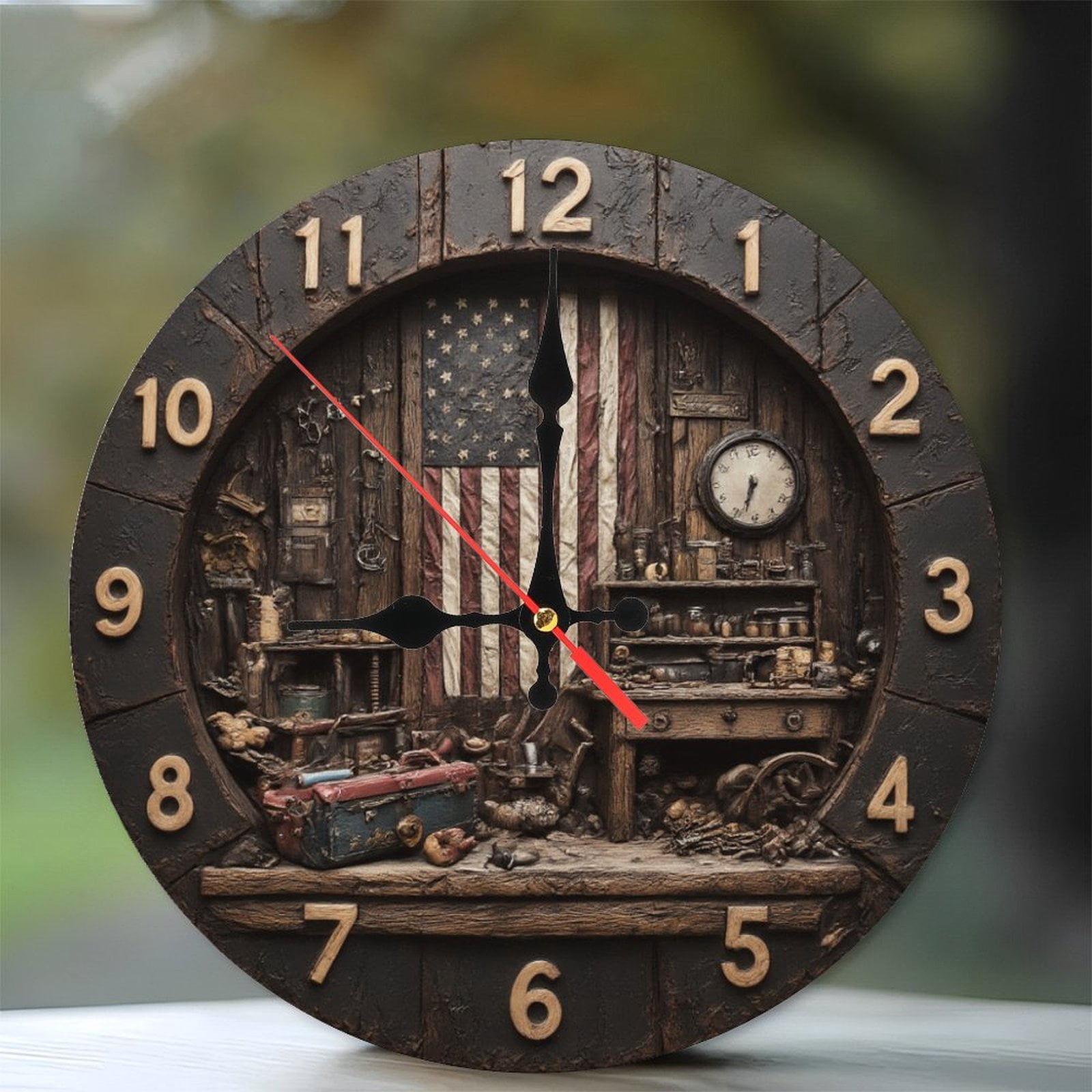 10-Inch Silent Wooden Wall Clock, " American Flag Workshop Wall Clock ...
