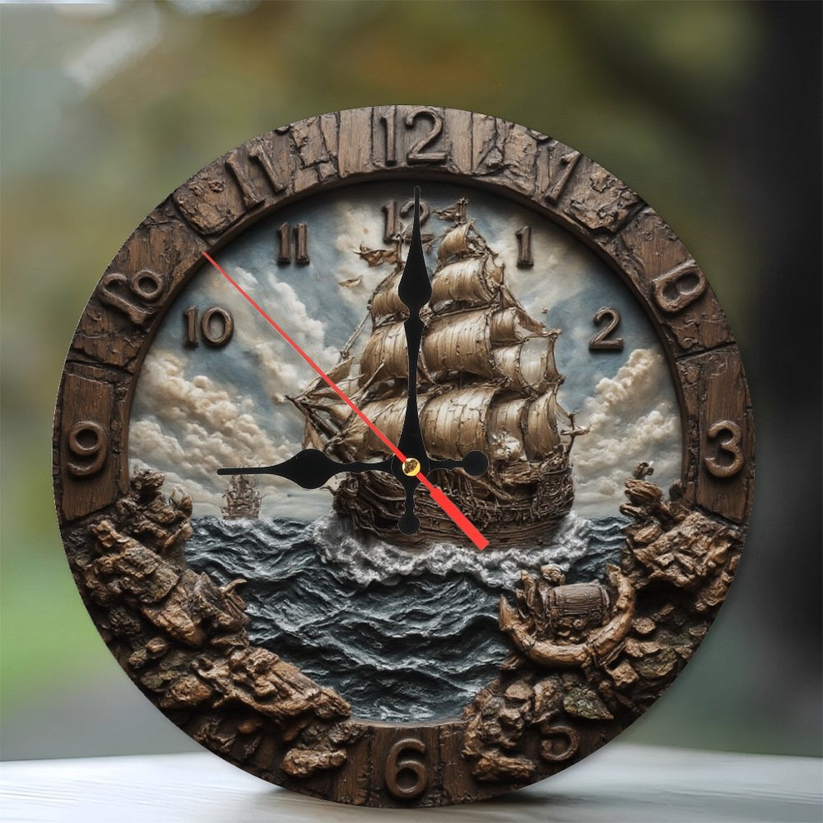 10-Inch Silent Wooden Wall Clock, " Antique Sailing Ship Wall Clock 3D ...