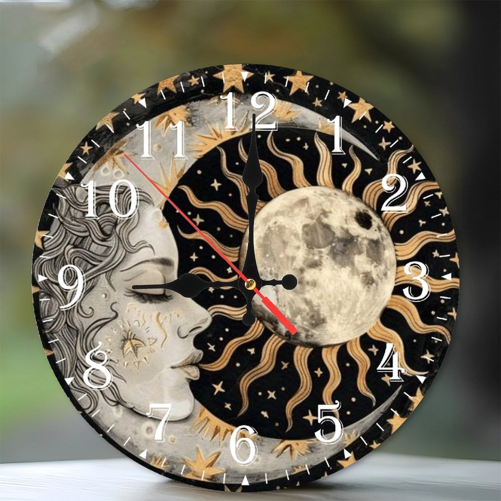 10-Inch Silent Wooden Wall Clock, " Celestial Clock Face Moon Sun Woman ...