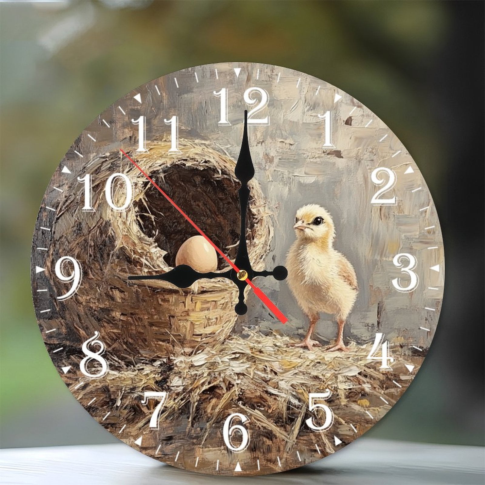 10-Inch Silent Wooden Wall Clock, " Chick Beside Egg in Woven Nest ...