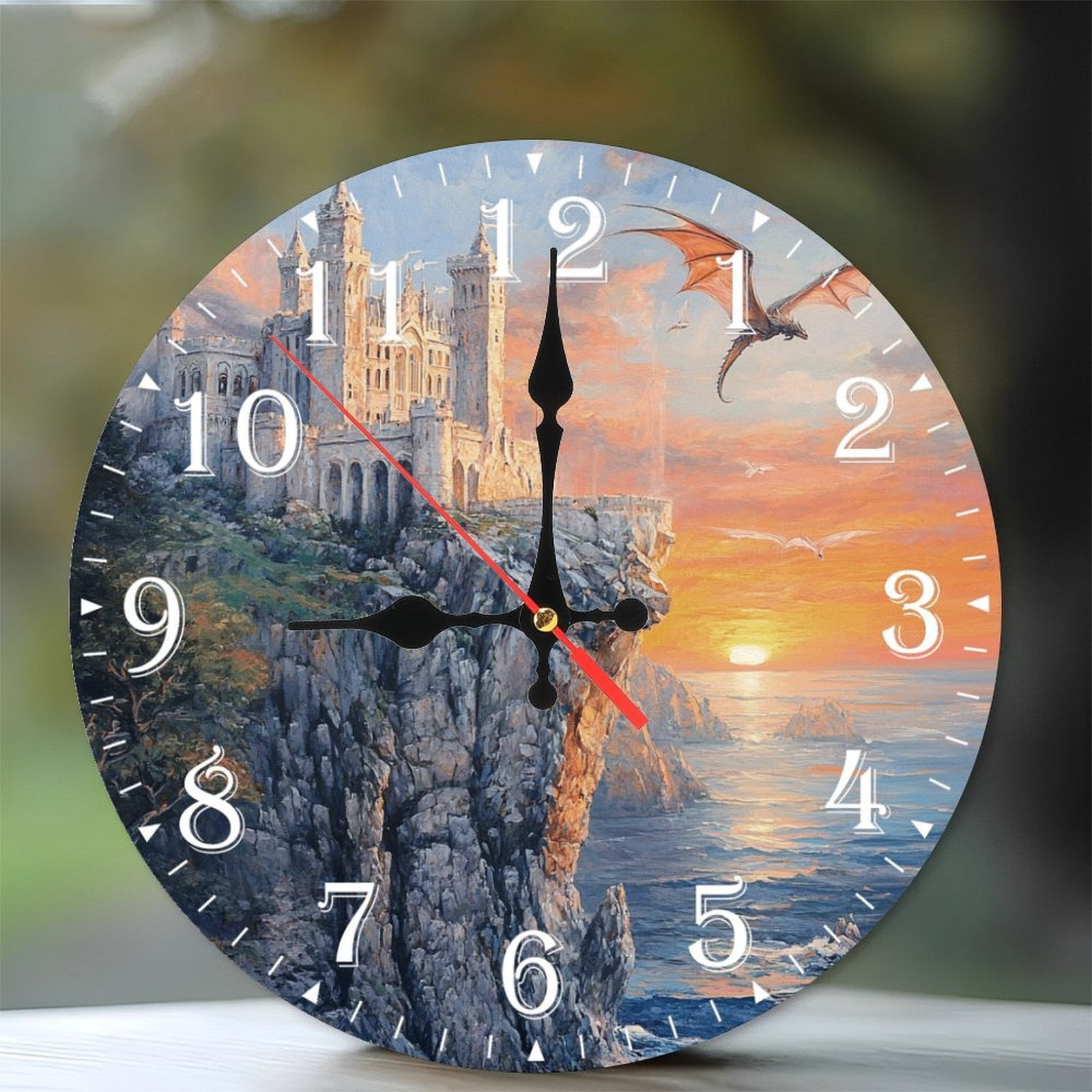 10-Inch Silent Wooden Wall Clock, " Clifftopcastle Sunset Dragonflight ...