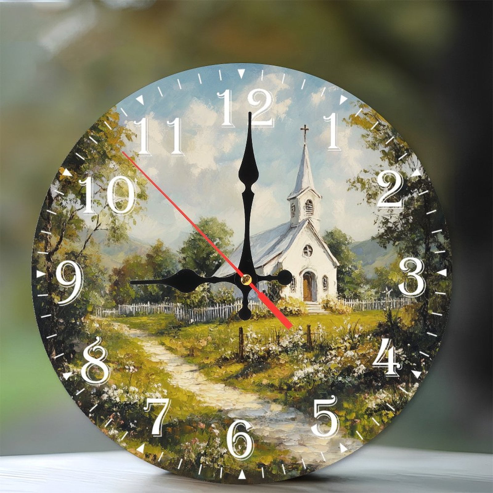10-Inch Silent Wooden Wall Clock, " Country Church Clock Face Scenic ...