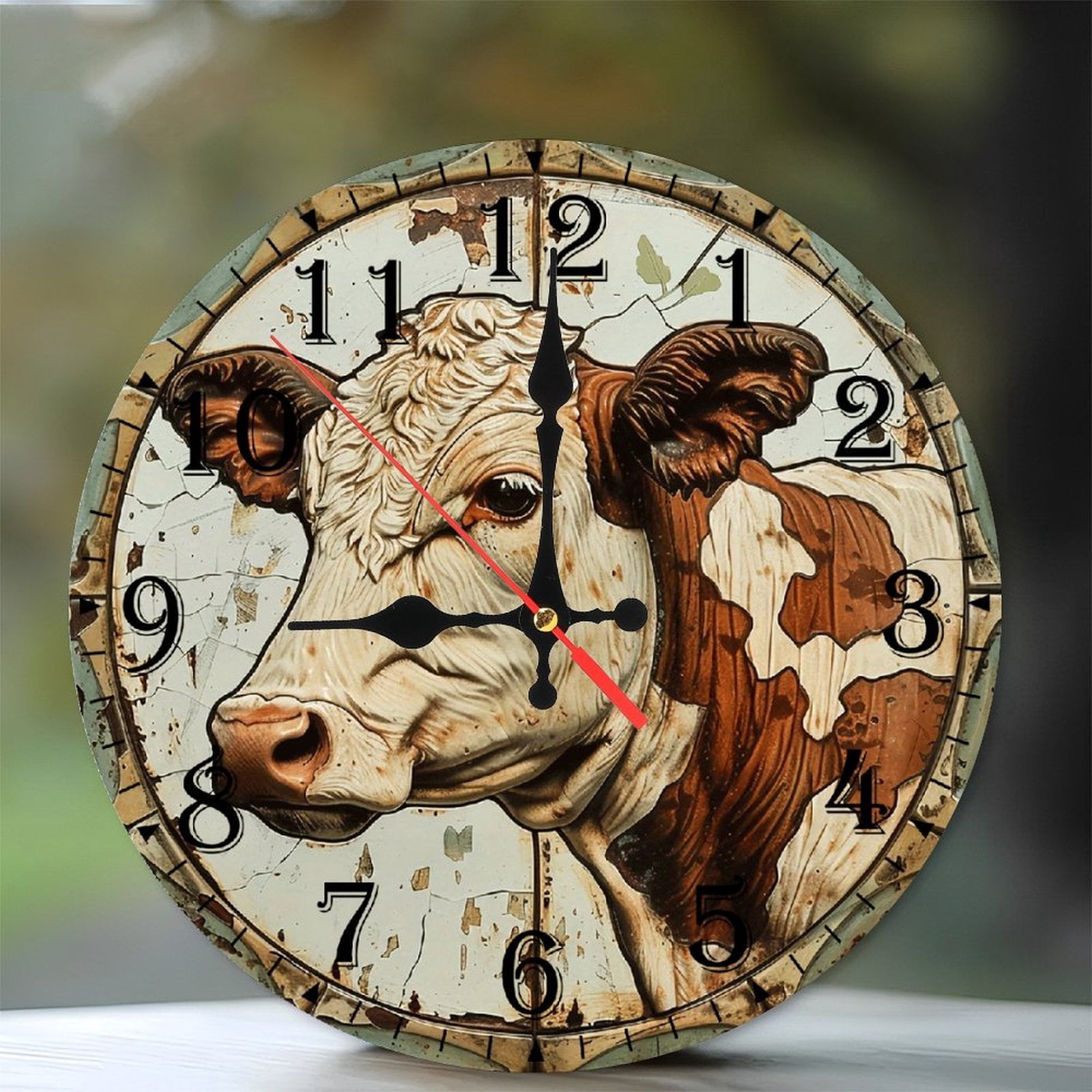 10-Inch Silent Wooden Wall Clock, " Cow Head on Vintage Clock Face ...