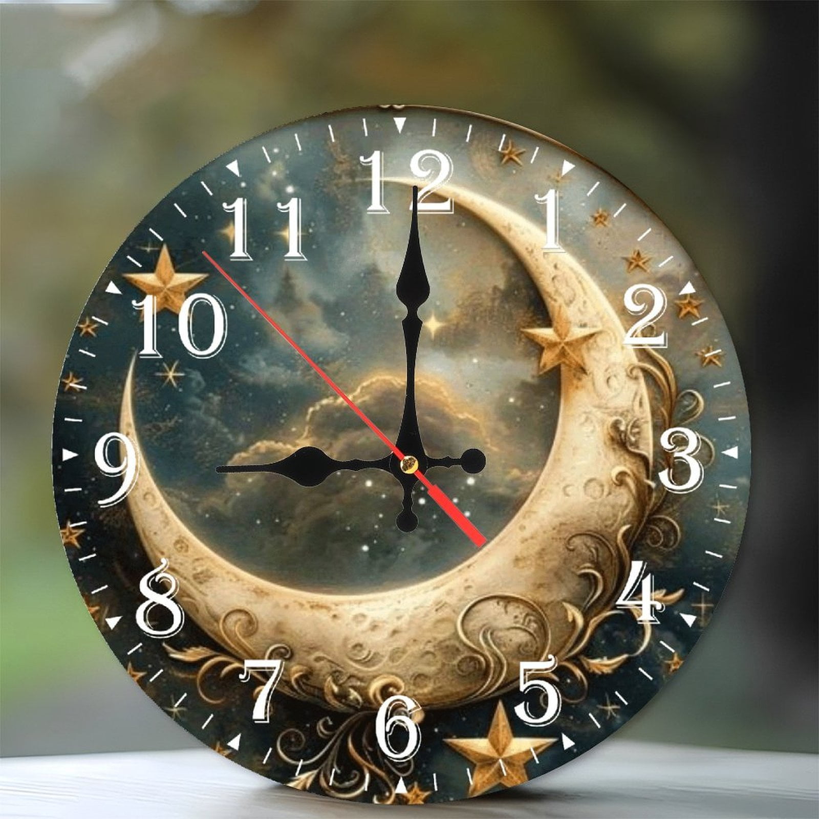 10-Inch Silent Wooden Wall Clock, " Crescent Moon Clock Starry Night ...