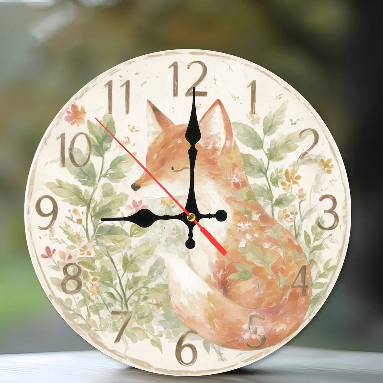 10-Inch Silent Wooden Wall Clock, " Cute Fox Floral Wall Clock Home ...