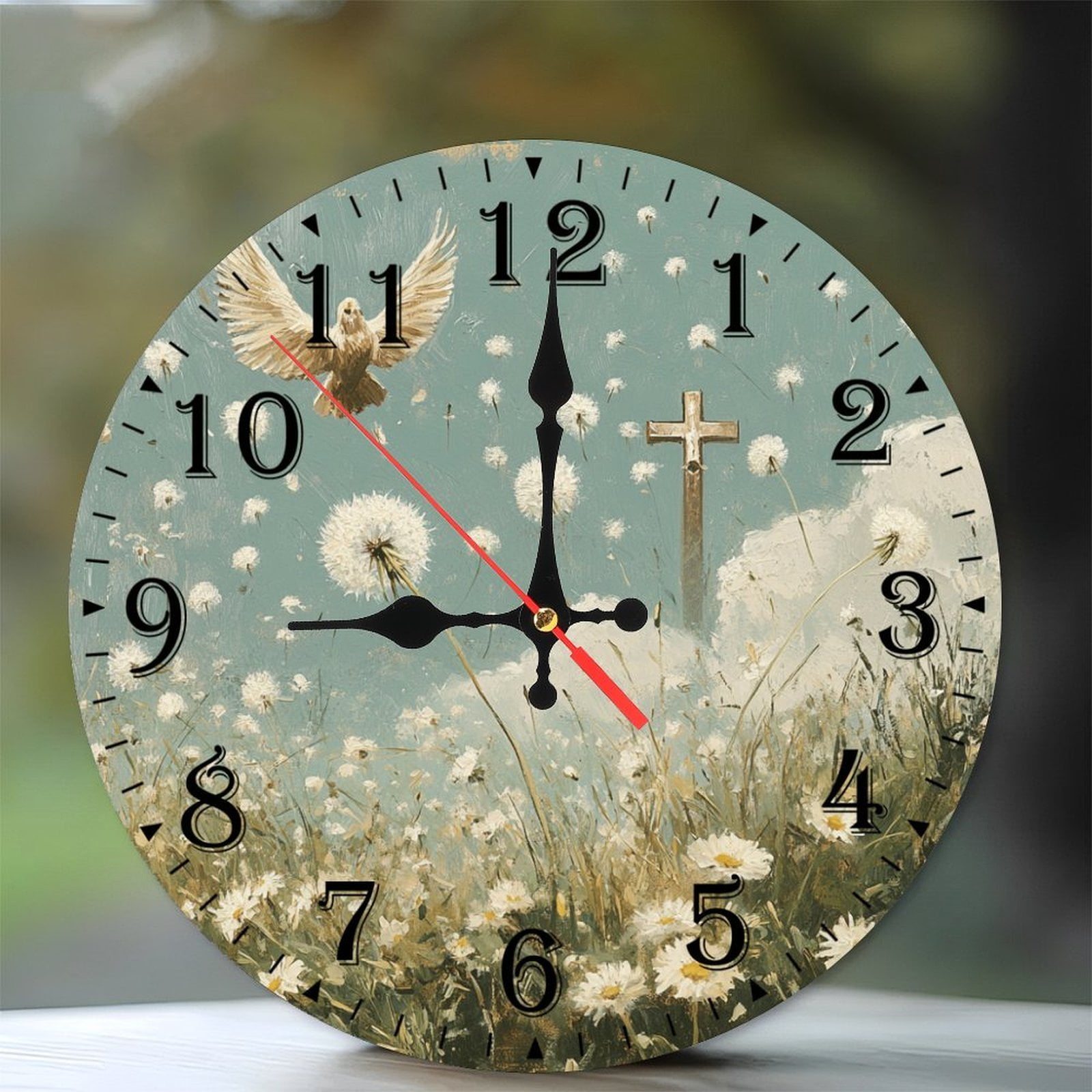 10-Inch Silent Wooden Wall Clock, " Dove Flying over Dandelion Field ...