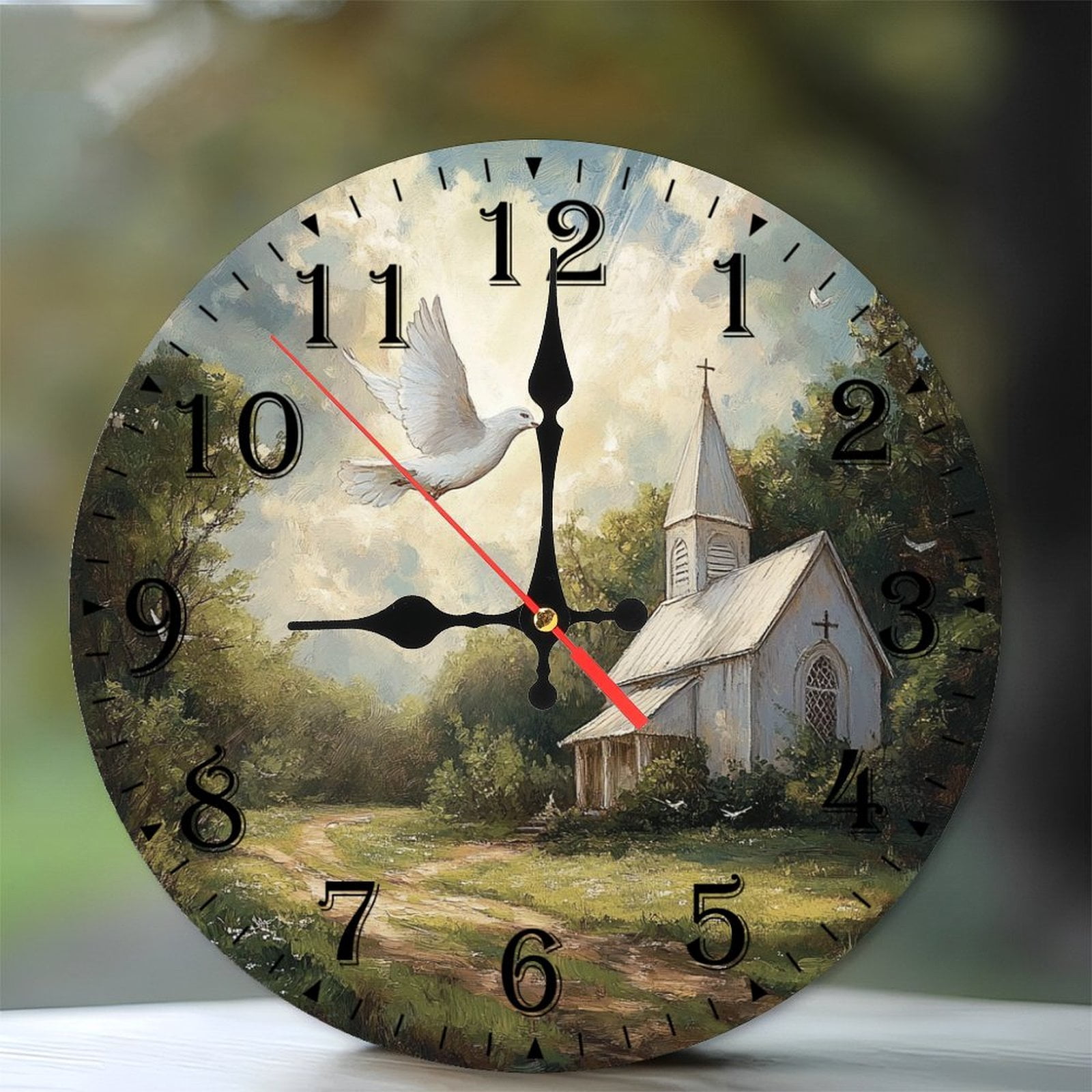 10-Inch Silent Wooden Wall Clock, " Dove Soaring Above Church ...