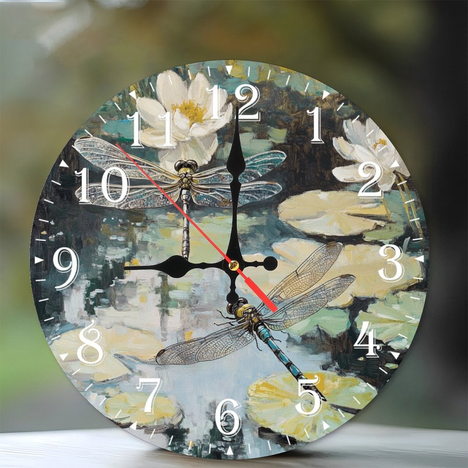 10-Inch Silent Wooden Wall Clock, " Dragonflies over Water Lilies Clock ...