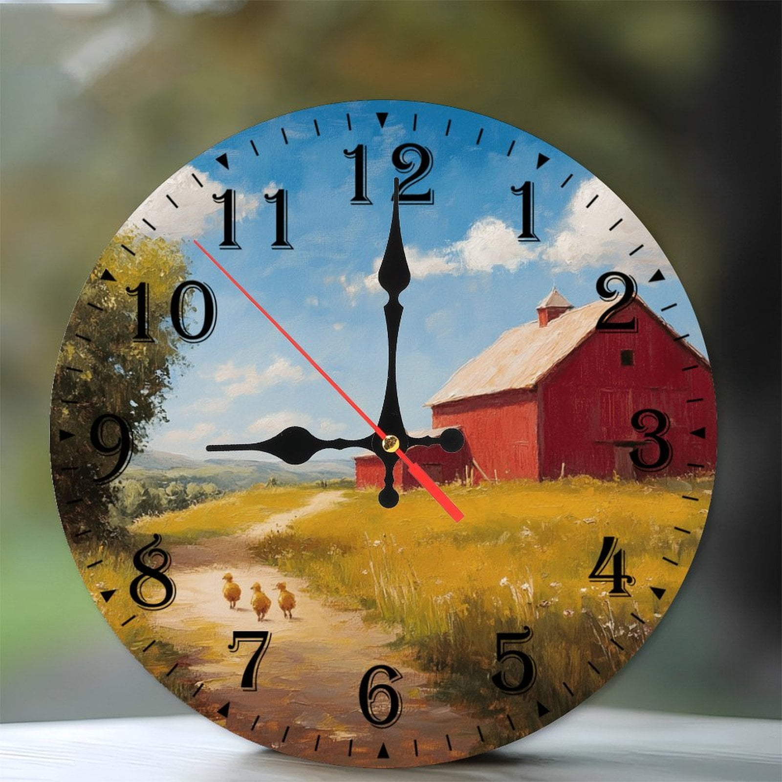 10-Inch Silent Wooden Wall Clock, " Ducklings Stroll Rural Path Near Red Barn " Silent Non ...