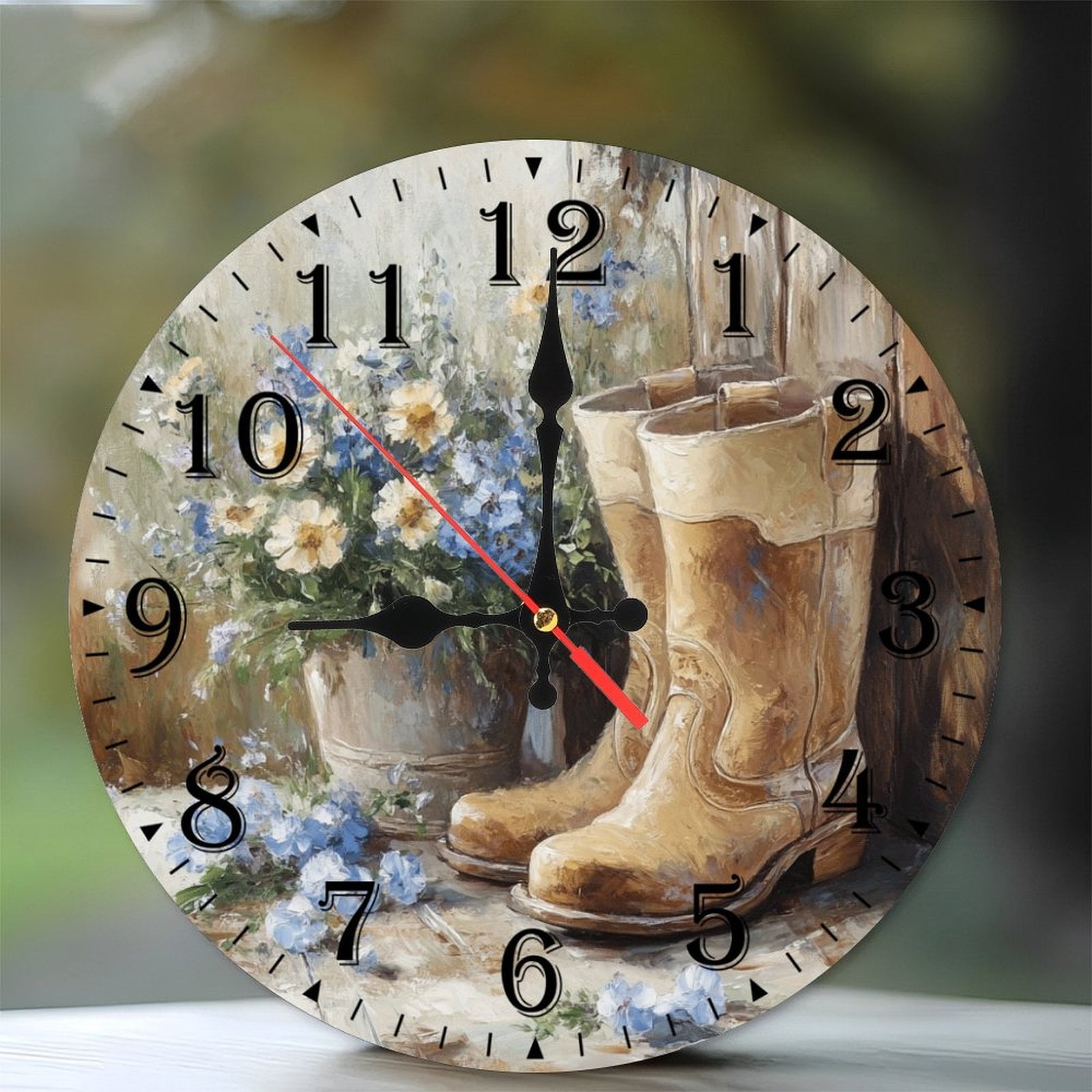 10-Inch Silent Wooden Wall Clock, " Floral Clock Face Boots And Flowers ...