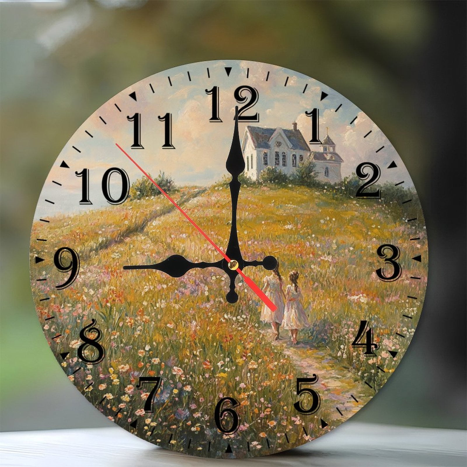10-Inch Silent Wooden Wall Clock, " Girls Walking Path Towards Church ...