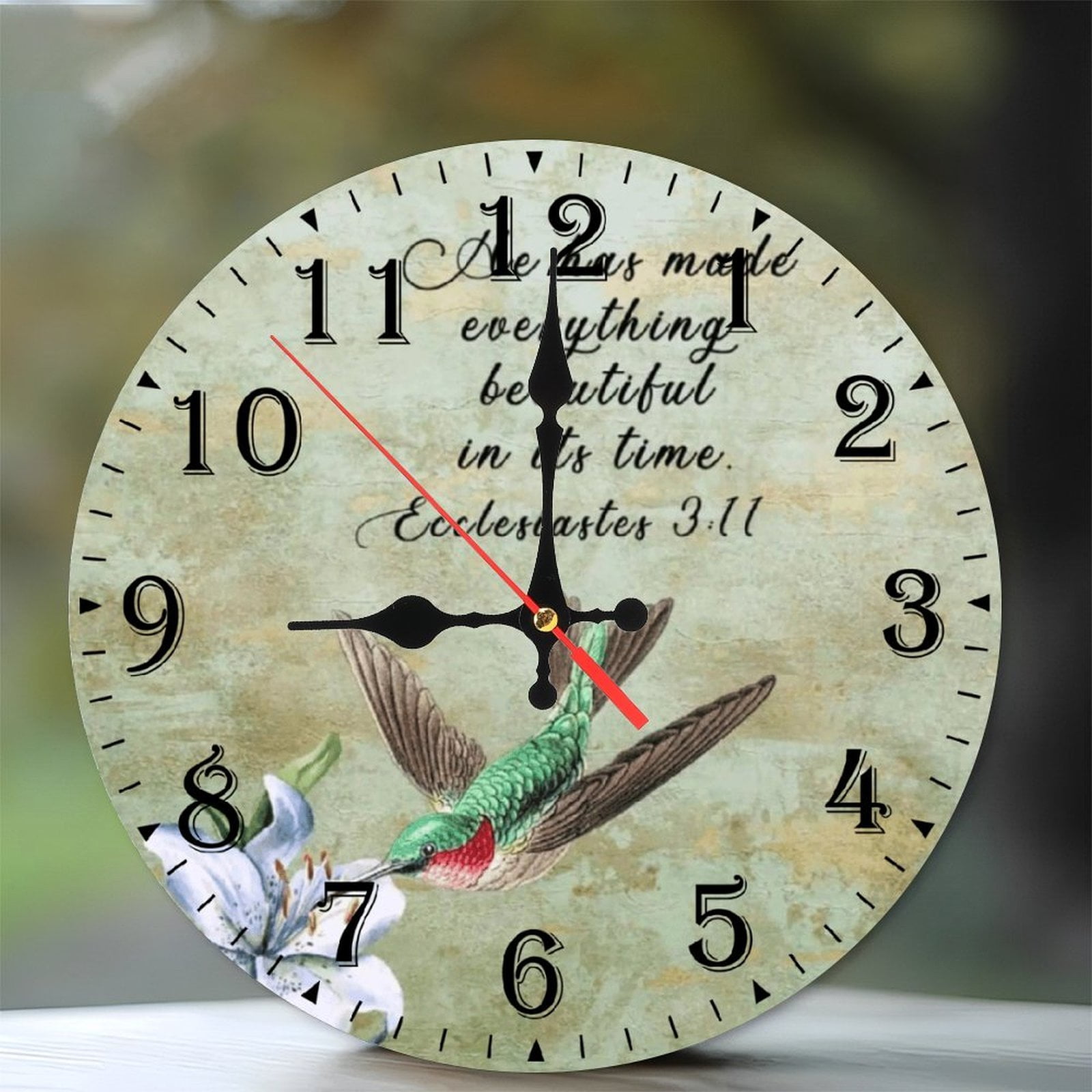 10-Inch Silent Wooden Wall Clock, " Hummingbird Sipping Lily on Vintage ...