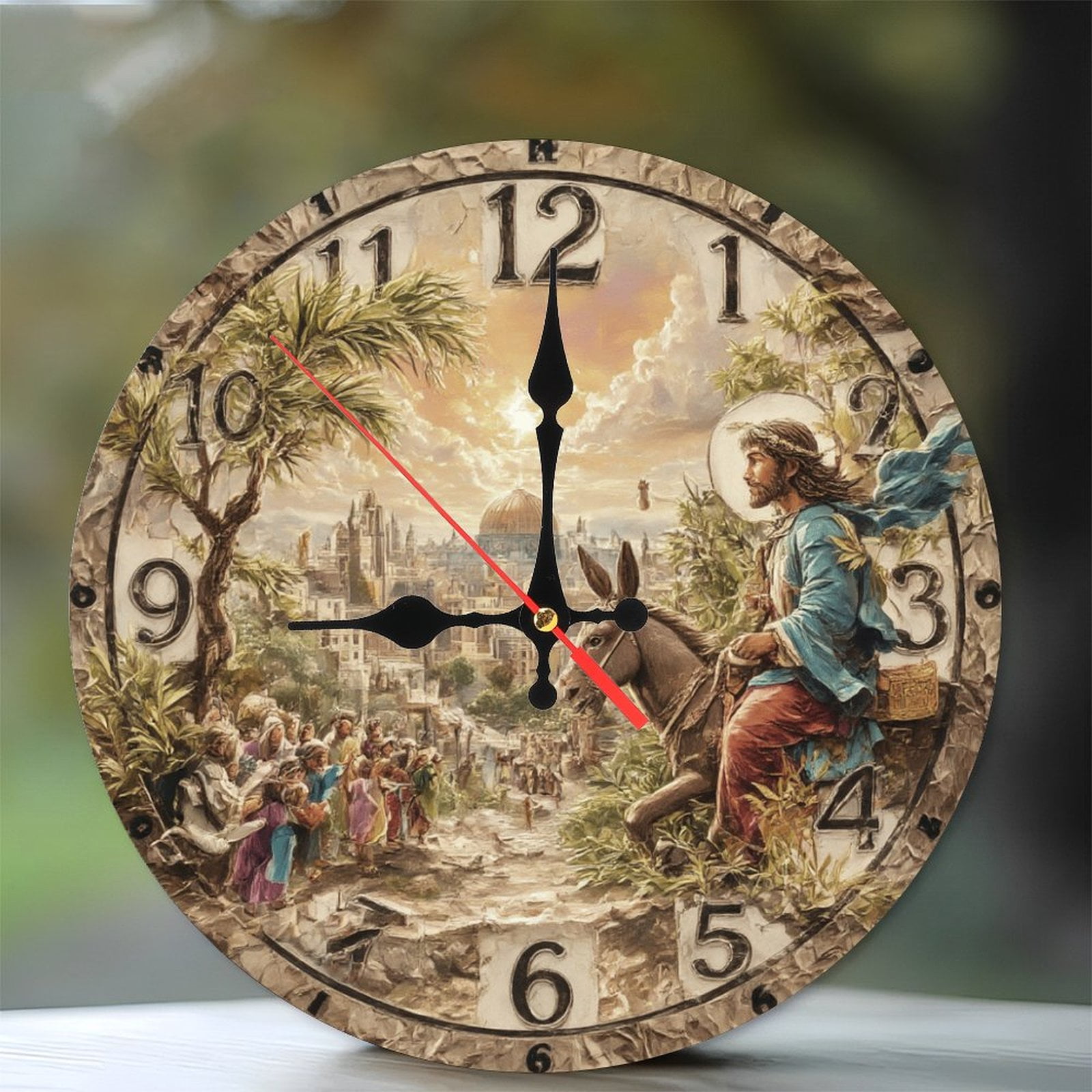 10-Inch Silent Wooden Wall Clock, " Jerusalem Palm Sunday Jesus Donkey ...