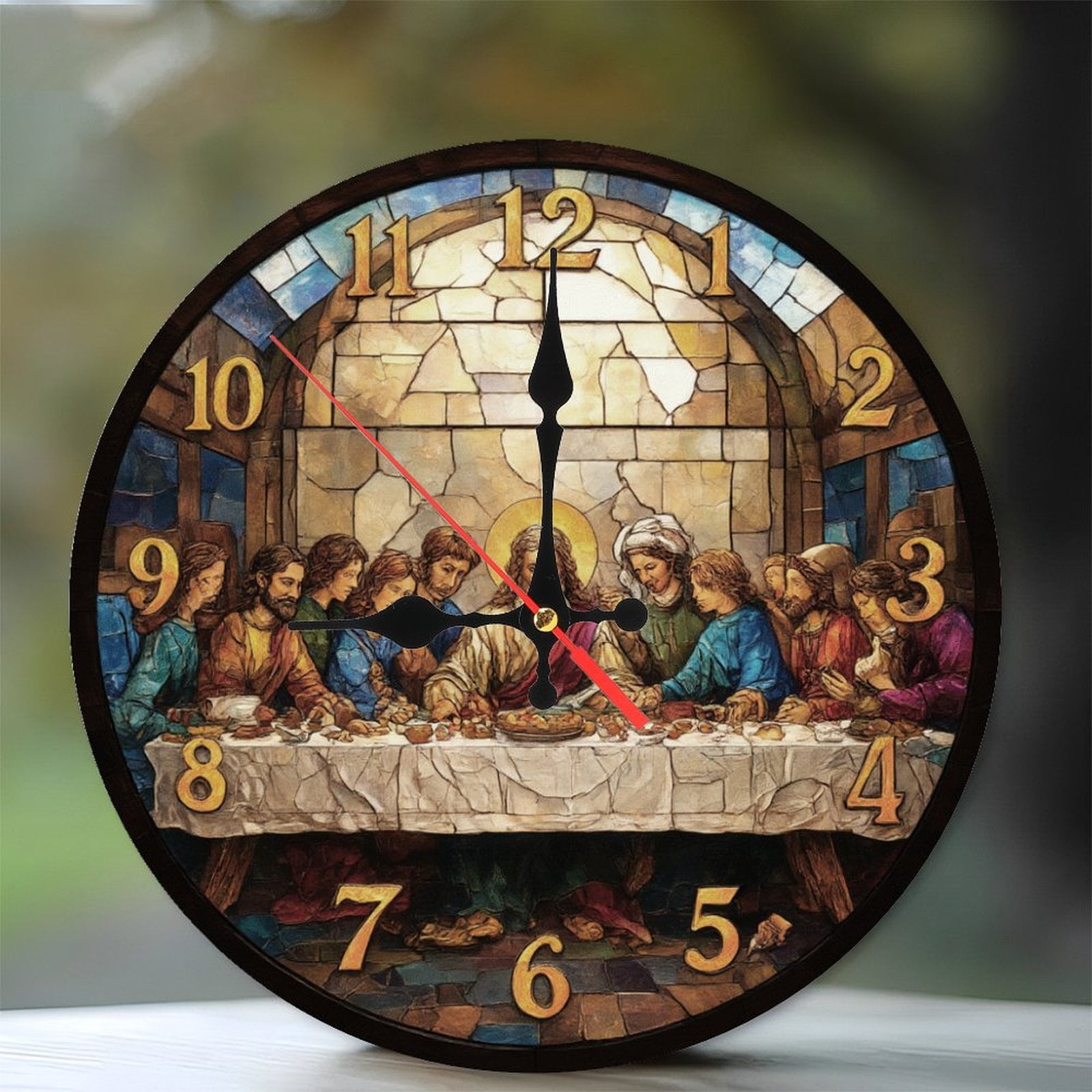 10-Inch Silent Wooden Wall Clock, " Last Supper Stained Glass Clock ...