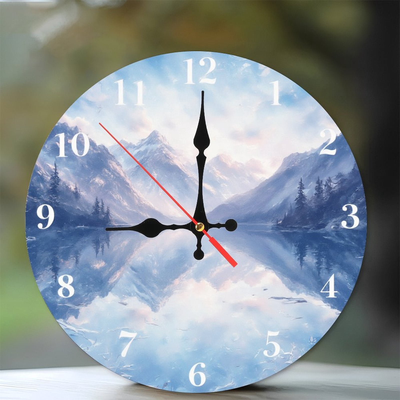 10-Inch Silent Wooden Wall Clock, " Mountain Lake Reflection Wall Clock ...
