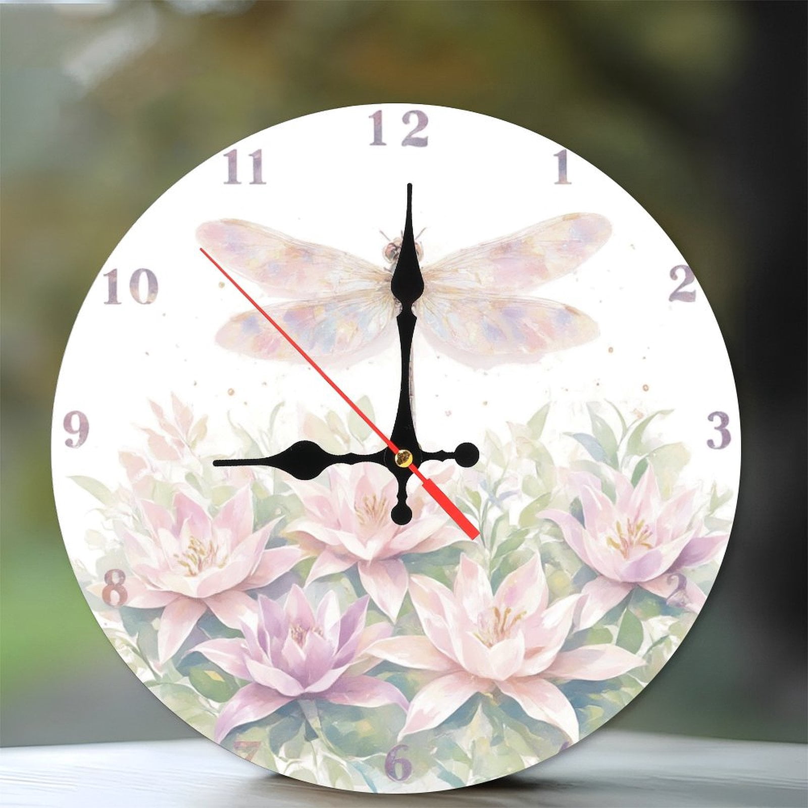 10-Inch Silent Wooden Wall Clock, " Pastel Dragonfly Water Lily Floral ...