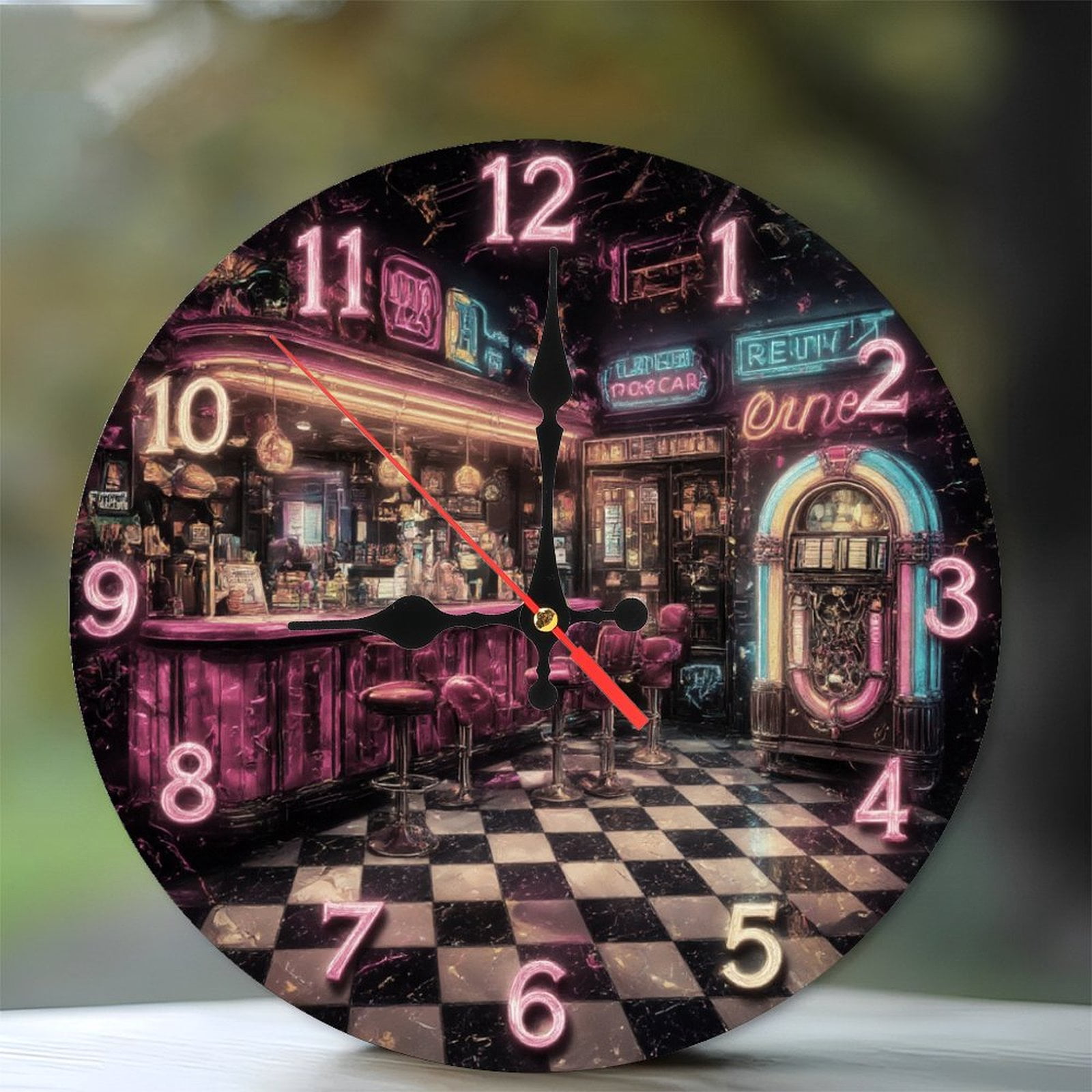 10-Inch Silent Wooden Wall Clock, " Retro Diner Neon Clock Wall Art ...