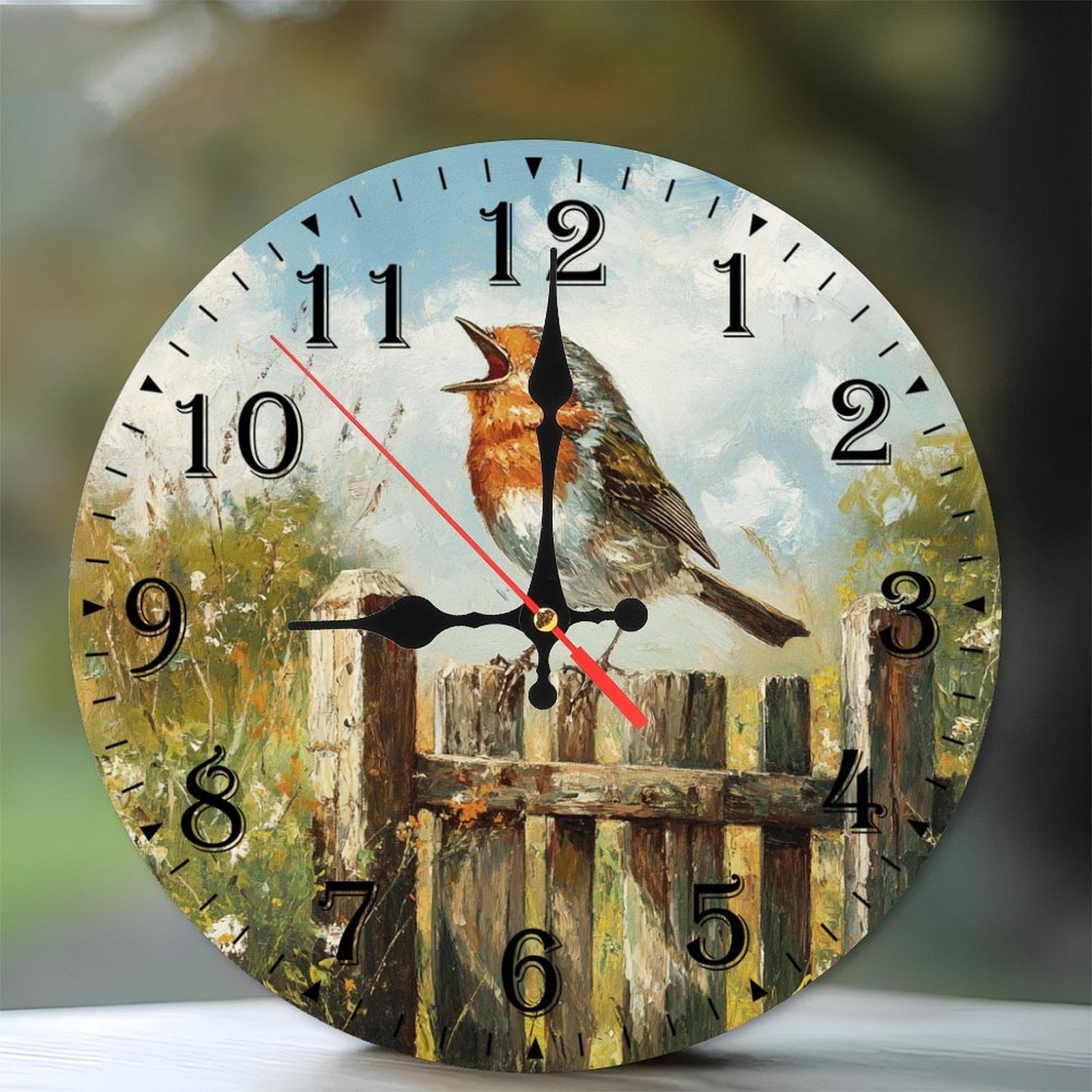 10-Inch Silent Wooden Wall Clock, " Robin Singing on Rustic Fence Clock ...