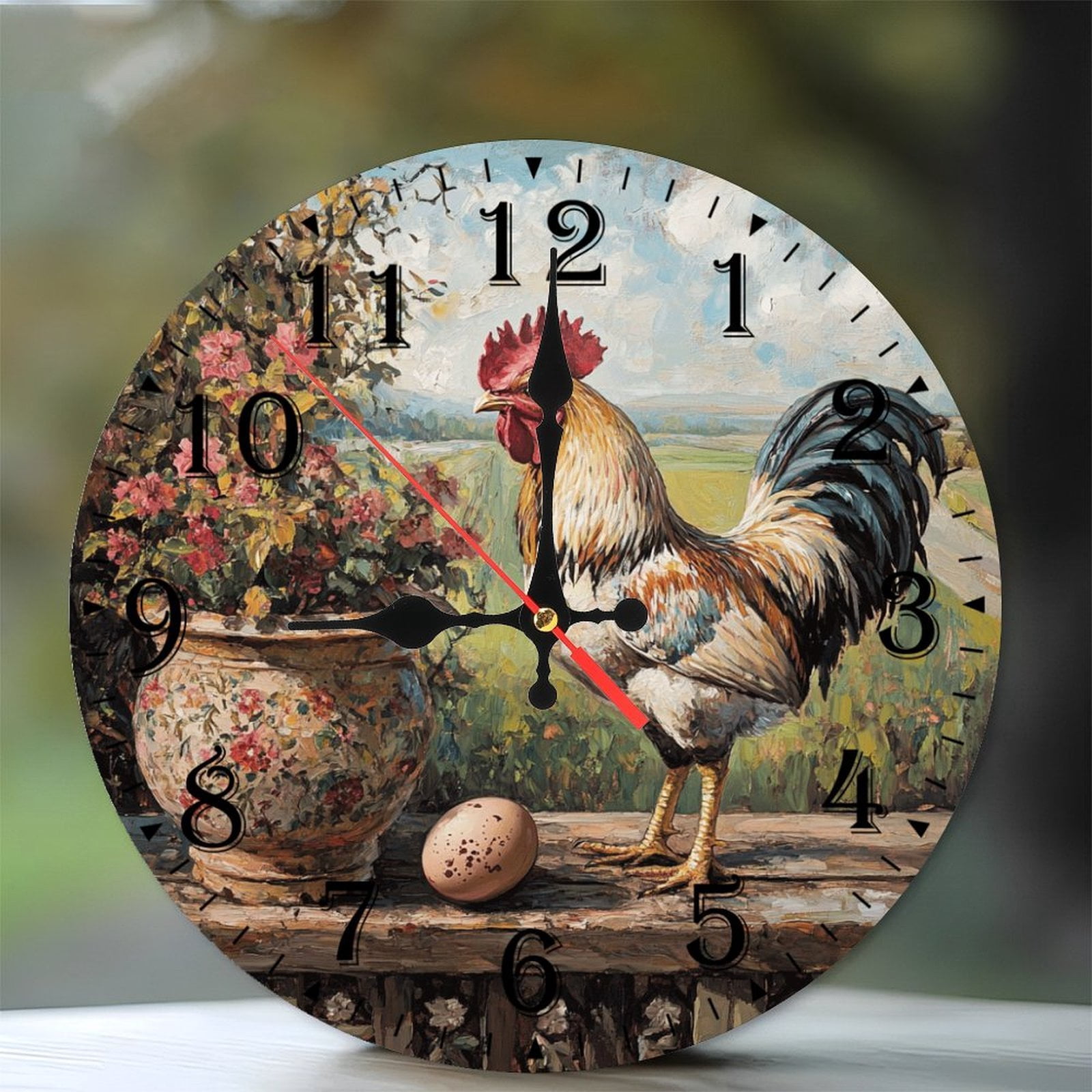 10-Inch Silent Wooden Wall Clock, " Rooster Egg Flowers Clock Face ...