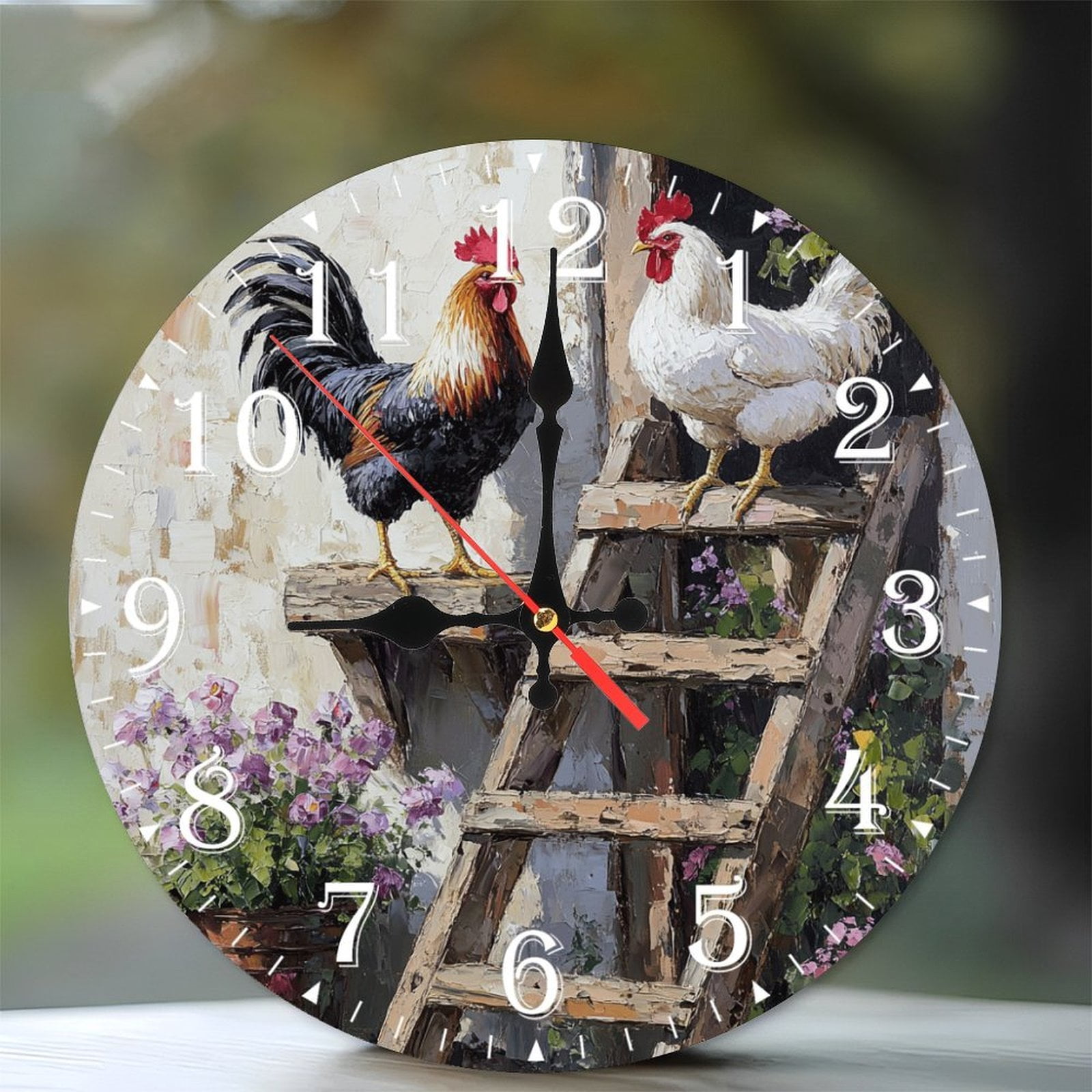 10-Inch Silent Wooden Wall Clock, " Rooster Hen Ladder Floral Clock ...