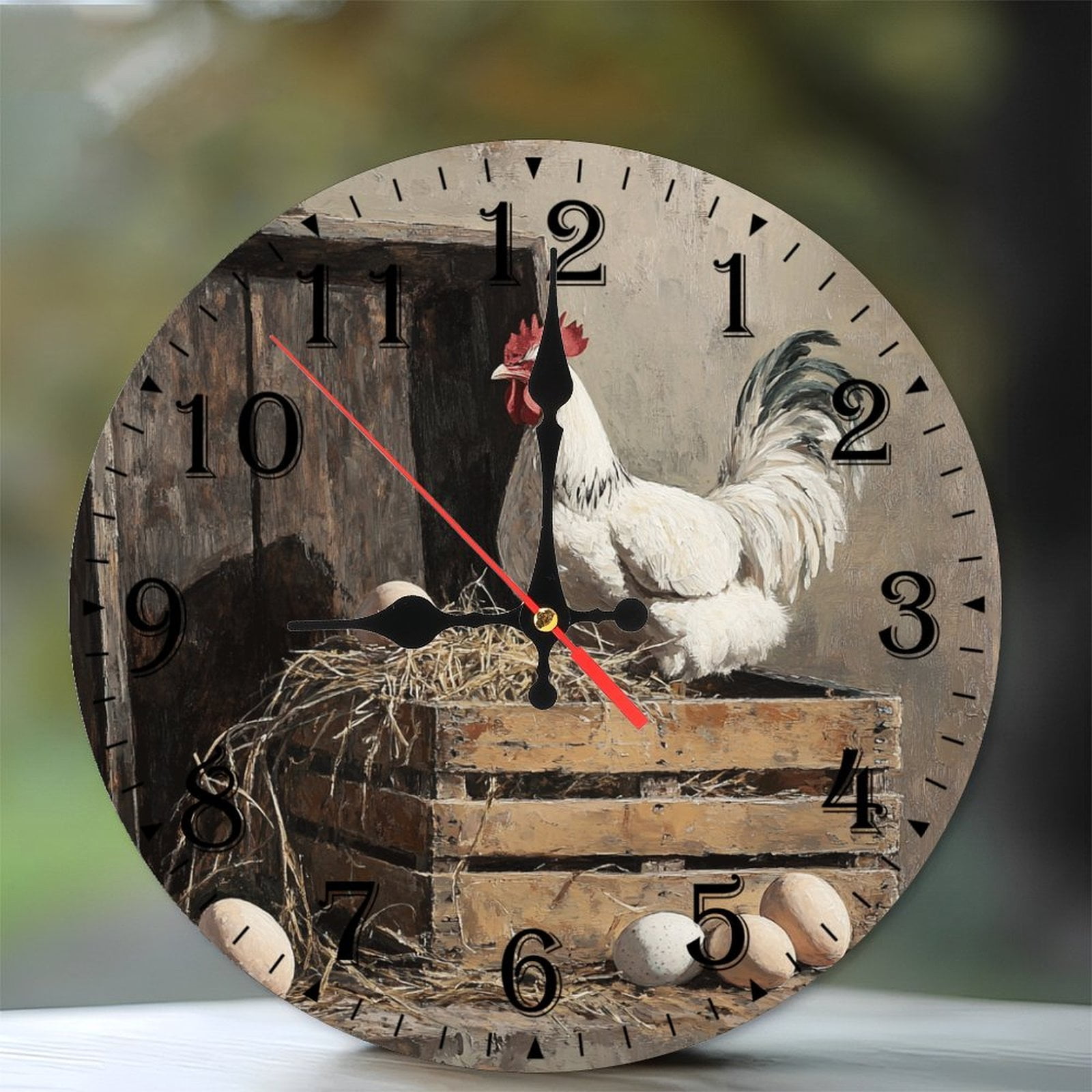 10-Inch Silent Wooden Wall Clock, " Rooster in Rustic Crate with Eggs ...