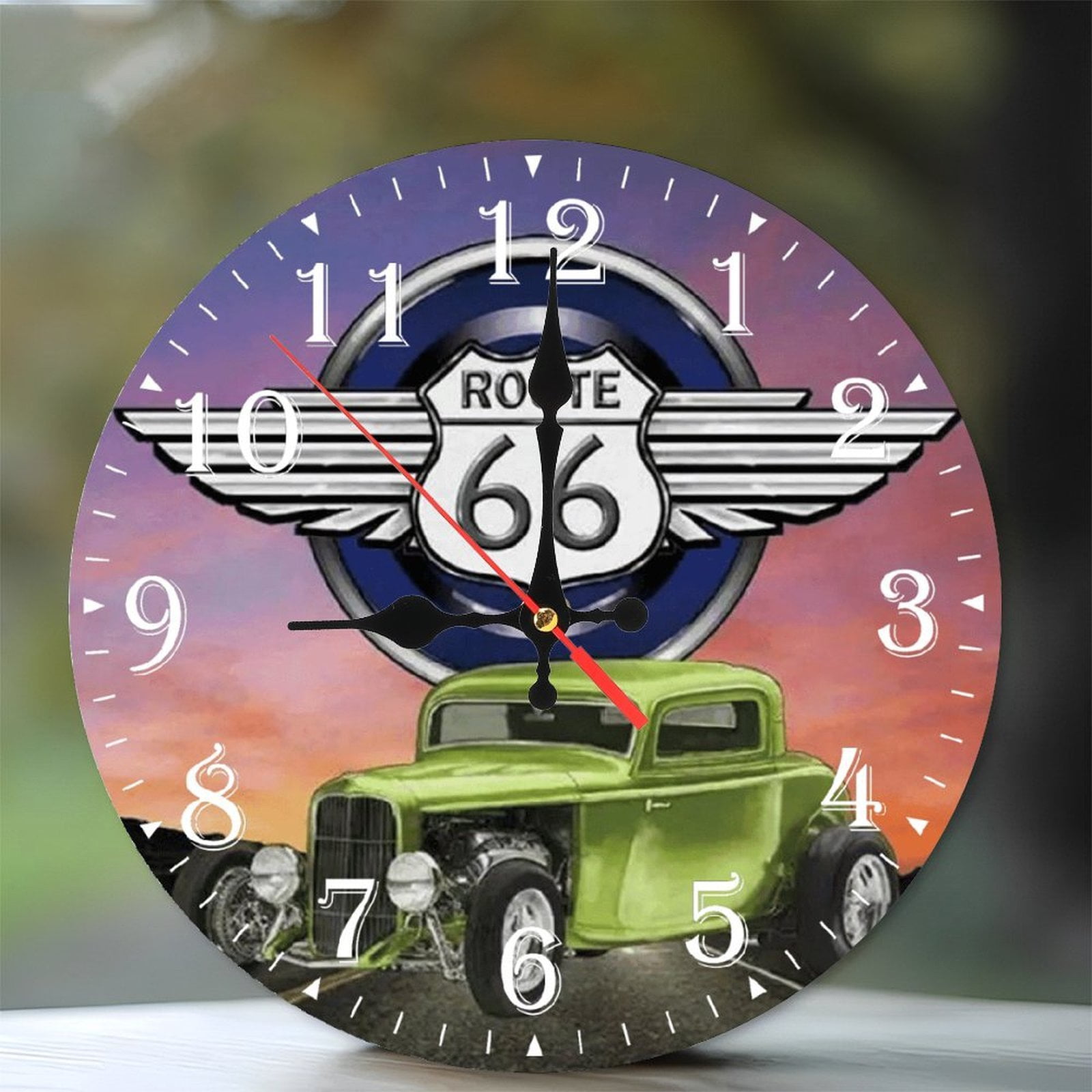 10-Inch Silent Wooden Wall Clock, " Route66 Clock Classiccar Sunset Backdrop " Silent Non ...