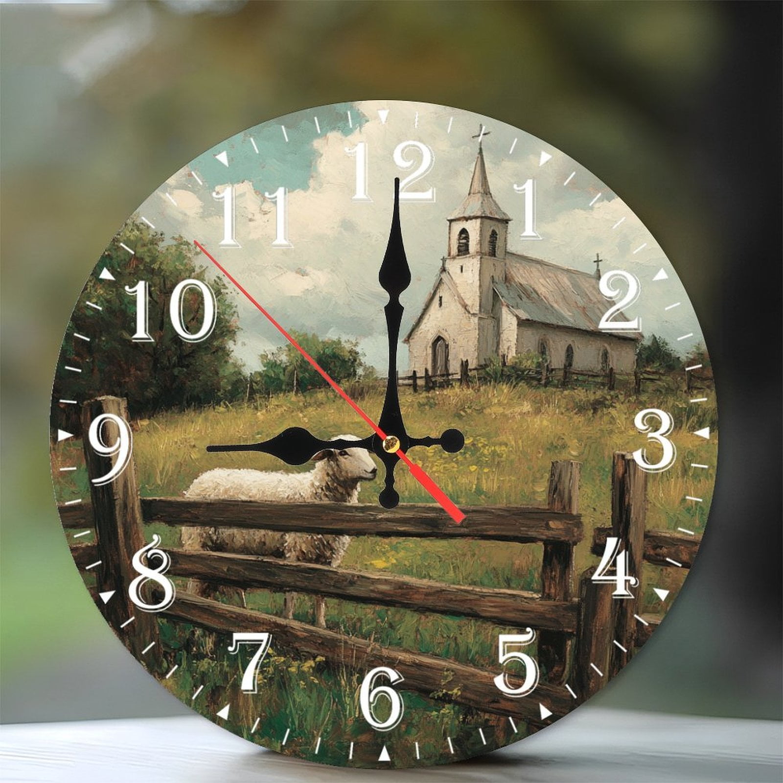 10-Inch Silent Wooden Wall Clock, " Sheep by Church Fence Rustic Clock ...