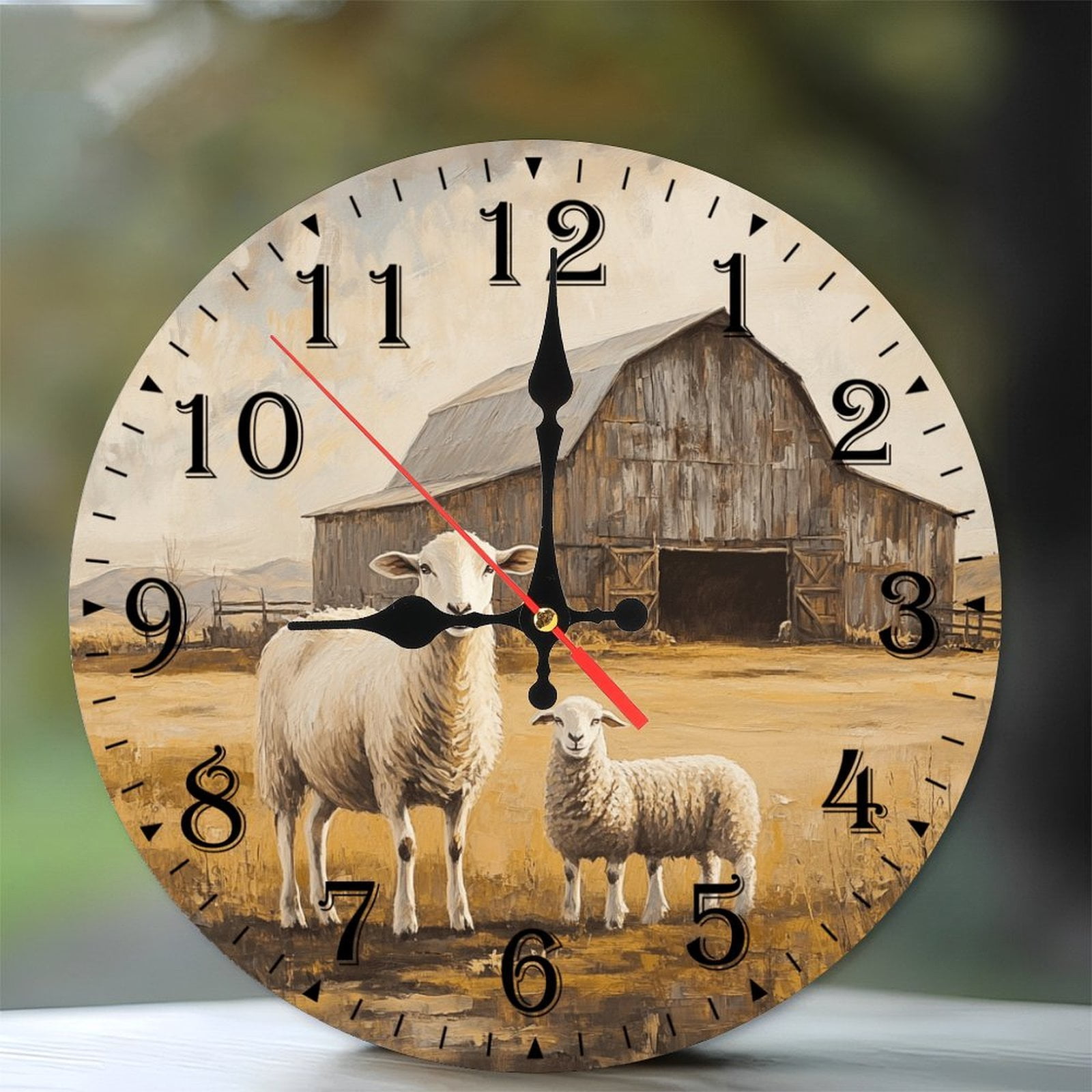 10-Inch Silent Wooden Wall Clock, " Sheep Near Rustic Barn Clock ...
