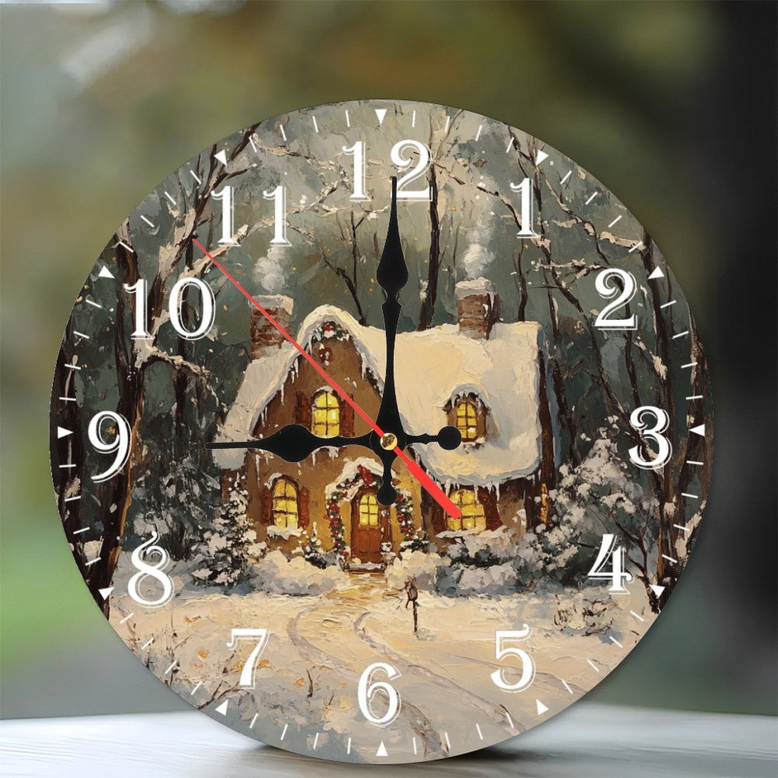 10-Inch Silent Wooden Wall Clock, " Snow Covered Cottage Winter Clock ...