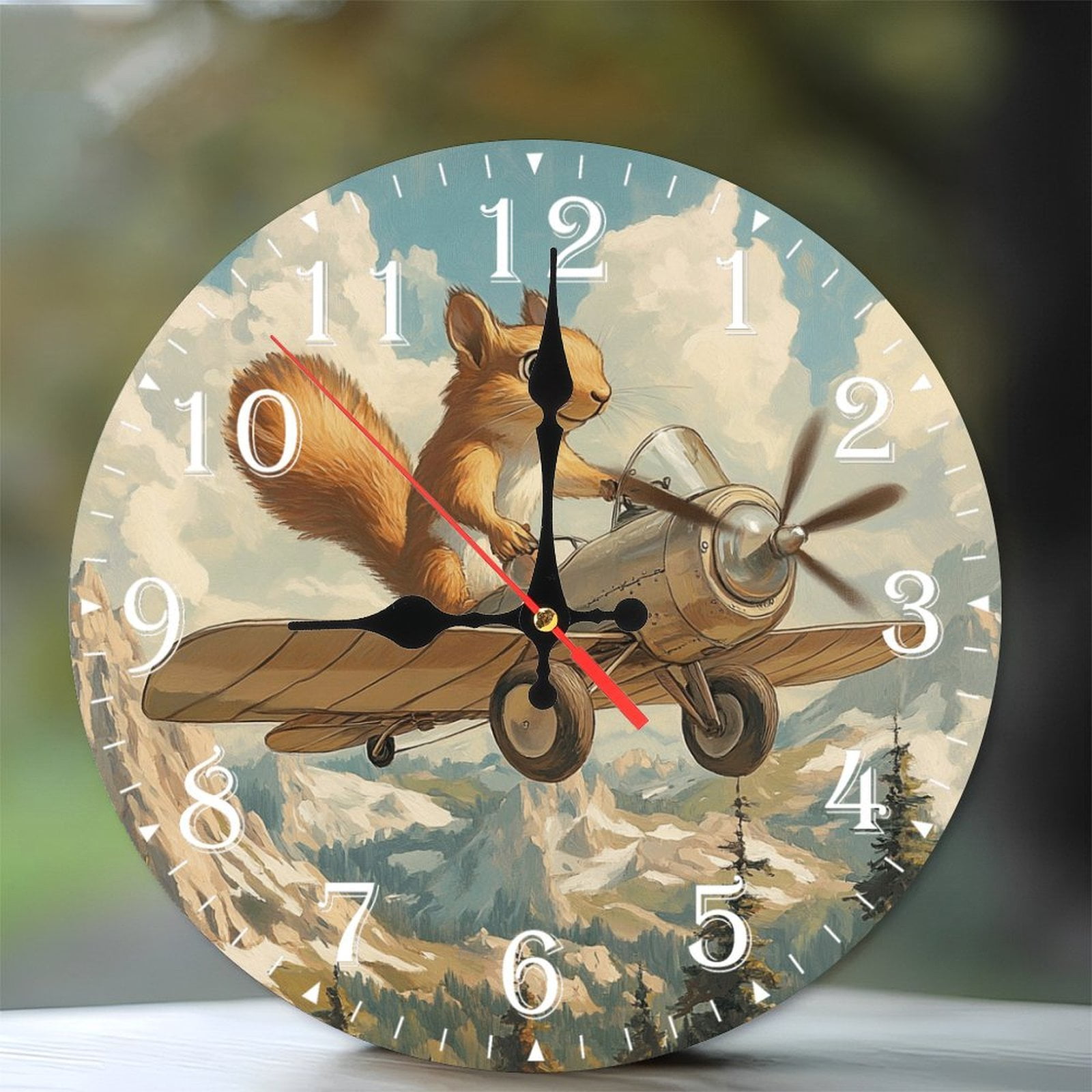 10-Inch Silent Wooden Wall Clock, " Squirrel Pilot Flying Vintage Plane ...