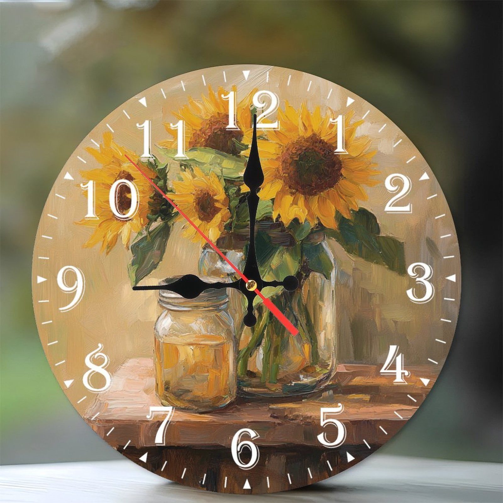 10-Inch Silent Wooden Wall Clock, " Sunflowers in Glass Jars on Wood ...