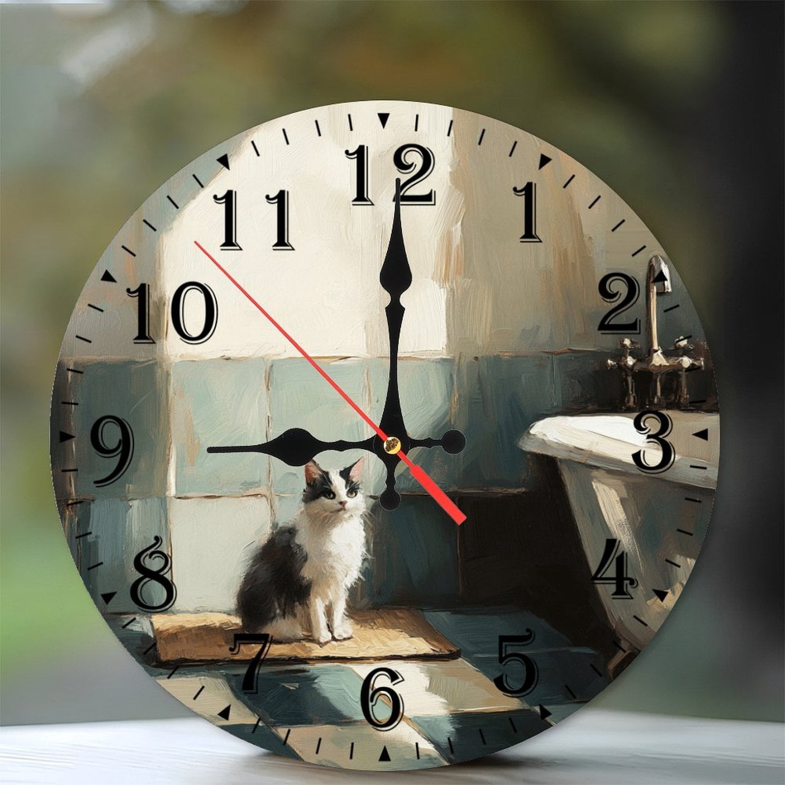 10-Inch Silent Wooden Wall Clock, " Sunlit Bathroom Clock Cat on Mat ...