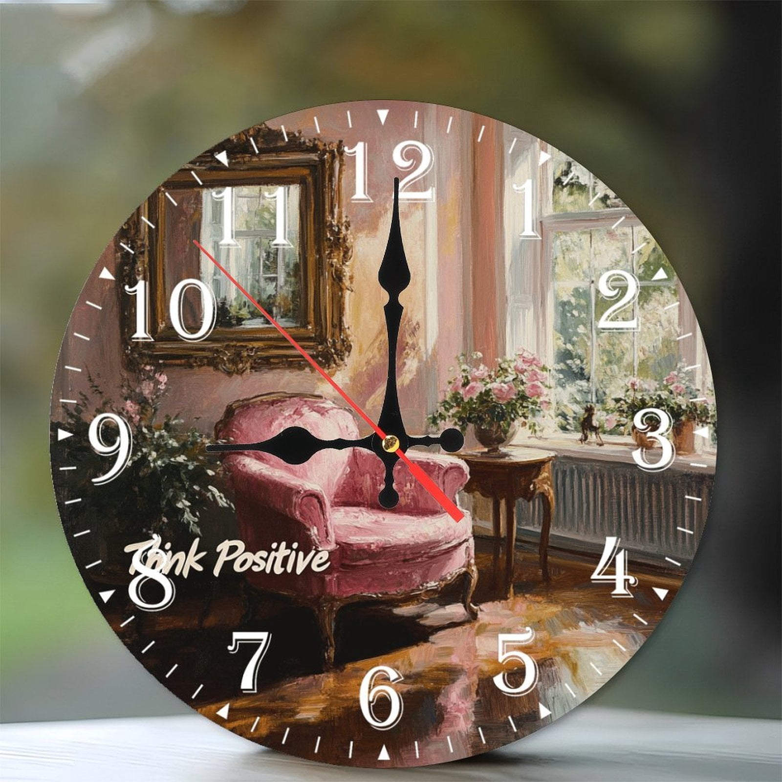 10-Inch Silent Wooden Wall Clock, " Sunlit Room Pink Armchair Floral ...