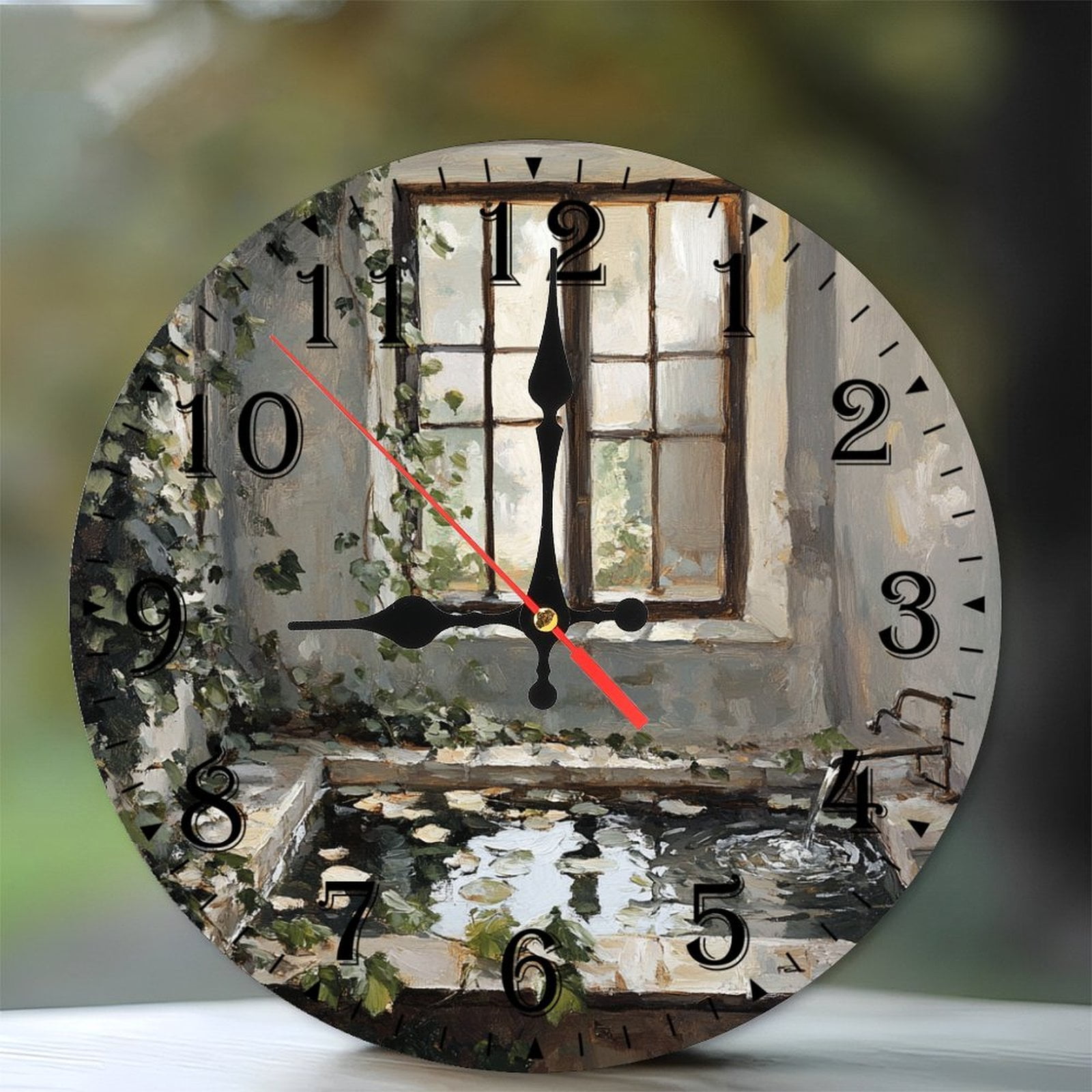 10-Inch Silent Wooden Wall Clock, " Sunlit Vines Frame Old Stone Pool ...
