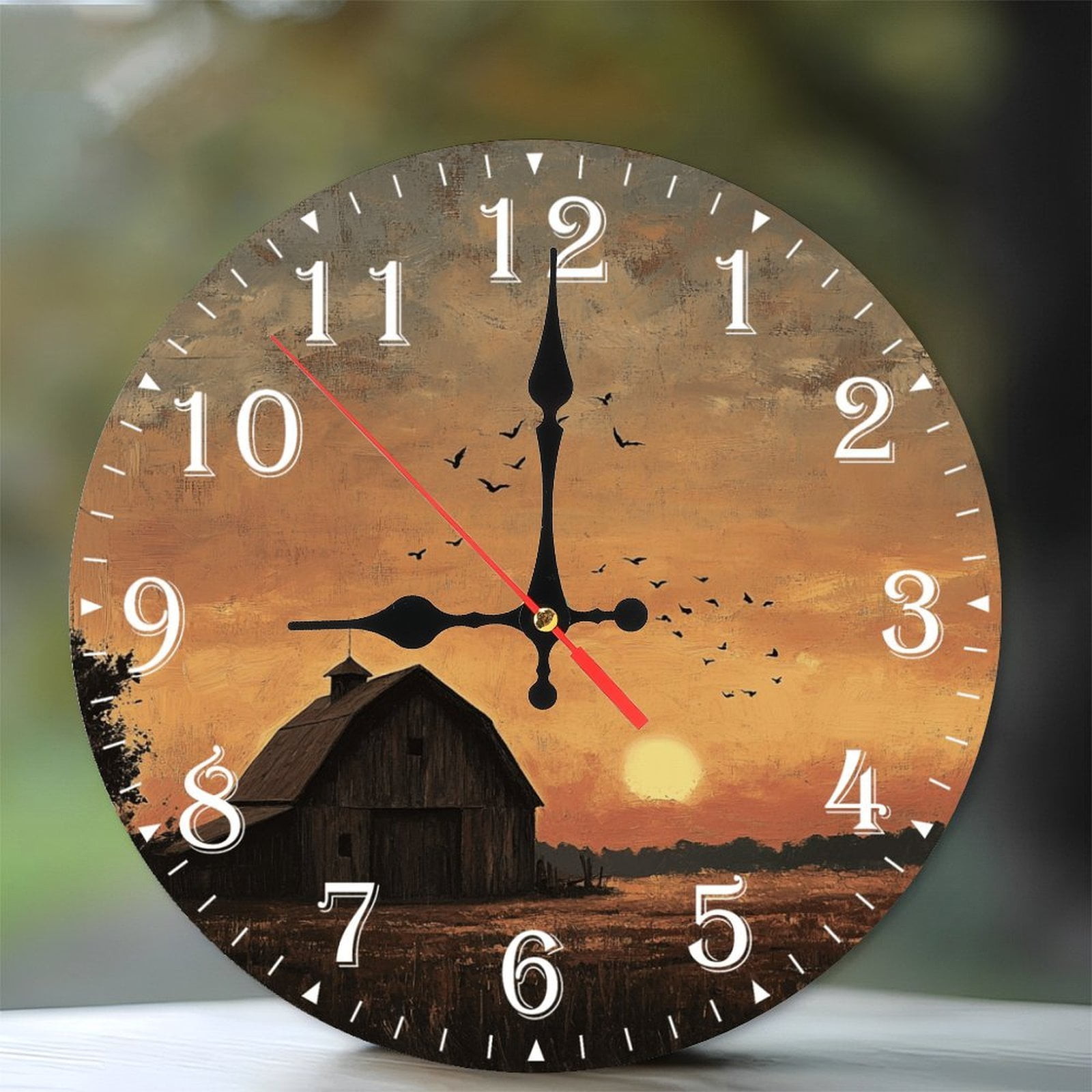 10-Inch Silent Wooden Wall Clock, " Sunset Barn Clock Birds Flying ...
