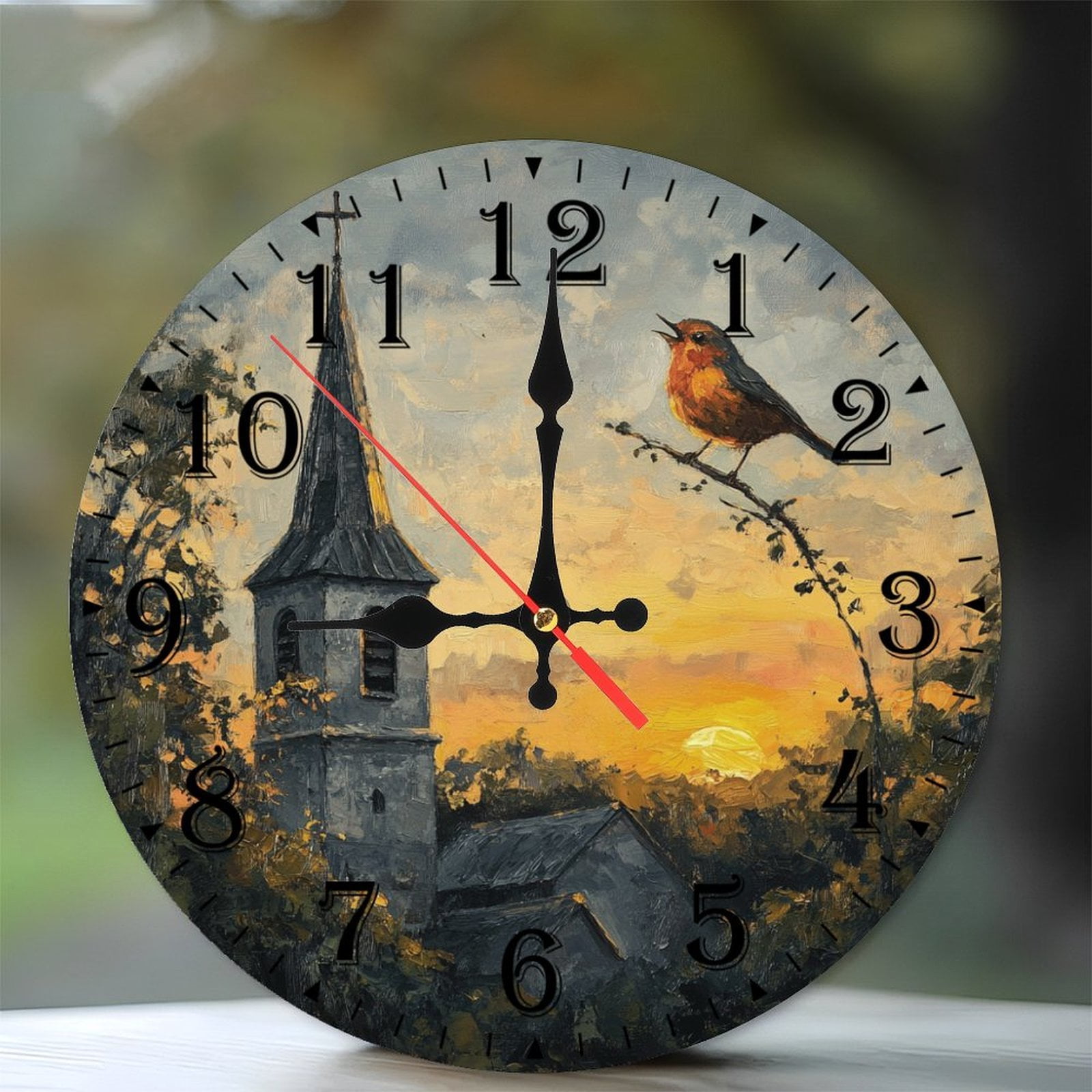 10-Inch Silent Wooden Wall Clock, " Sunset Church Robin Clock Face ...