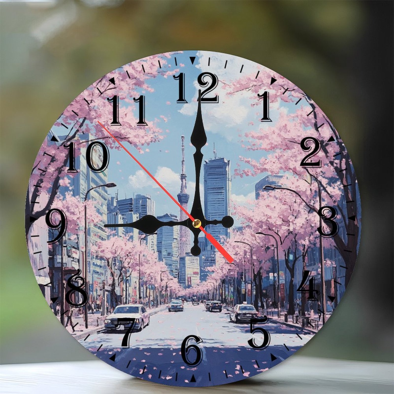 10-Inch Silent Wooden Wall Clock, " Tokyo Skyline Cherry Blossom Clock ...