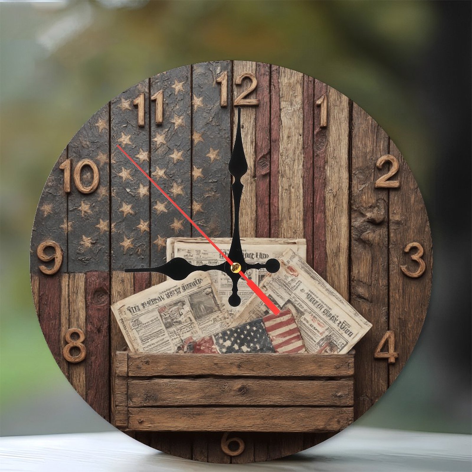 10-Inch Silent Wooden Wall Clock, " Vintage American Flag Wall Clock ...