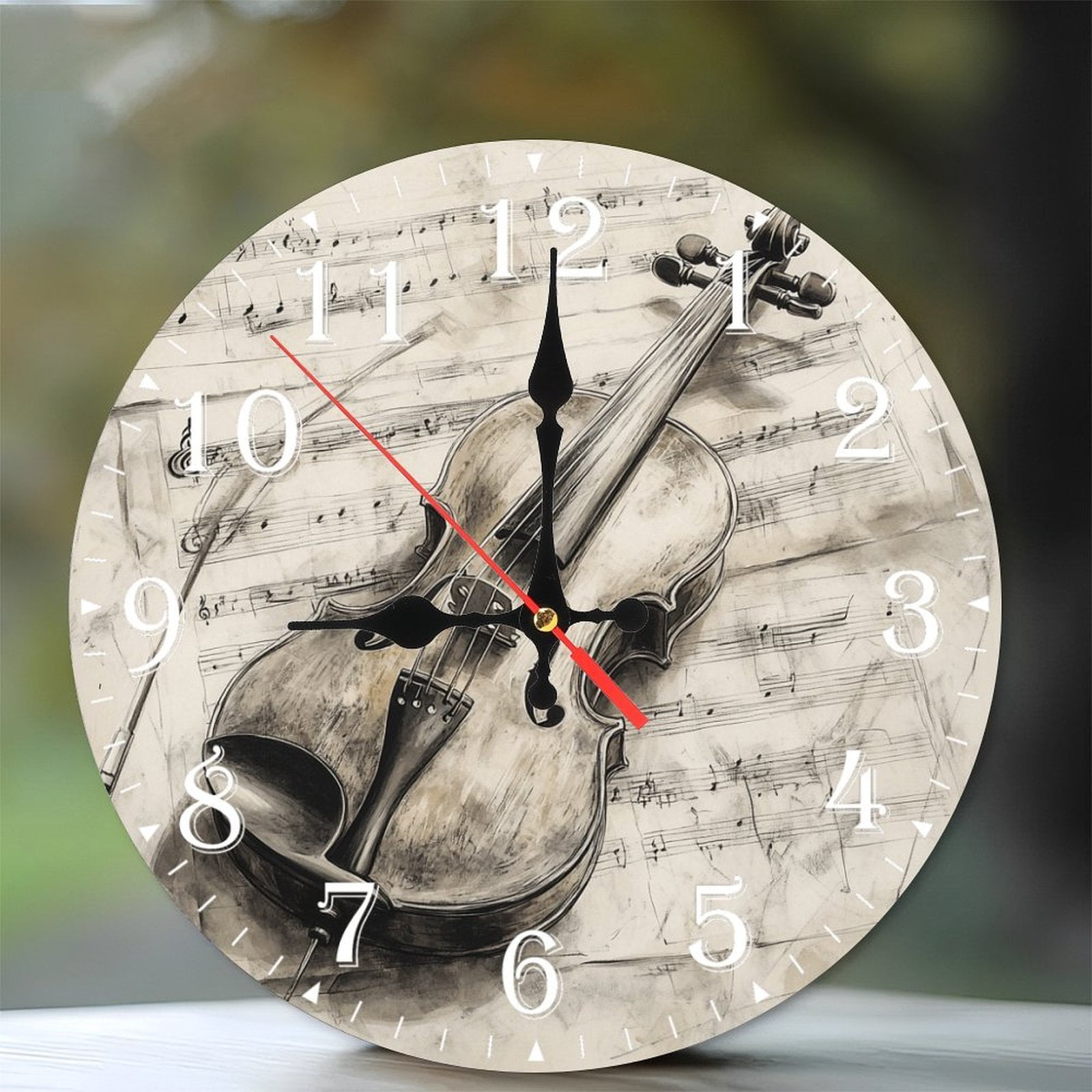 10-Inch Silent Wooden Wall Clock, " Violin Clock Rests on Sheet Music ...
