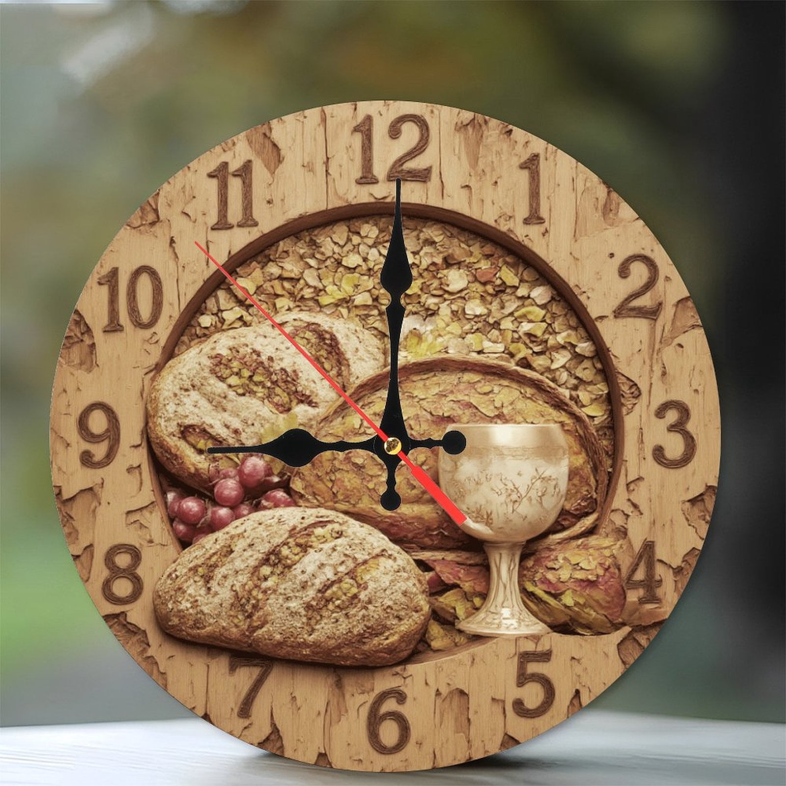 10-Inch Silent Wooden Wall Clock, " Wall Clock Bread Chalice Grapes ...