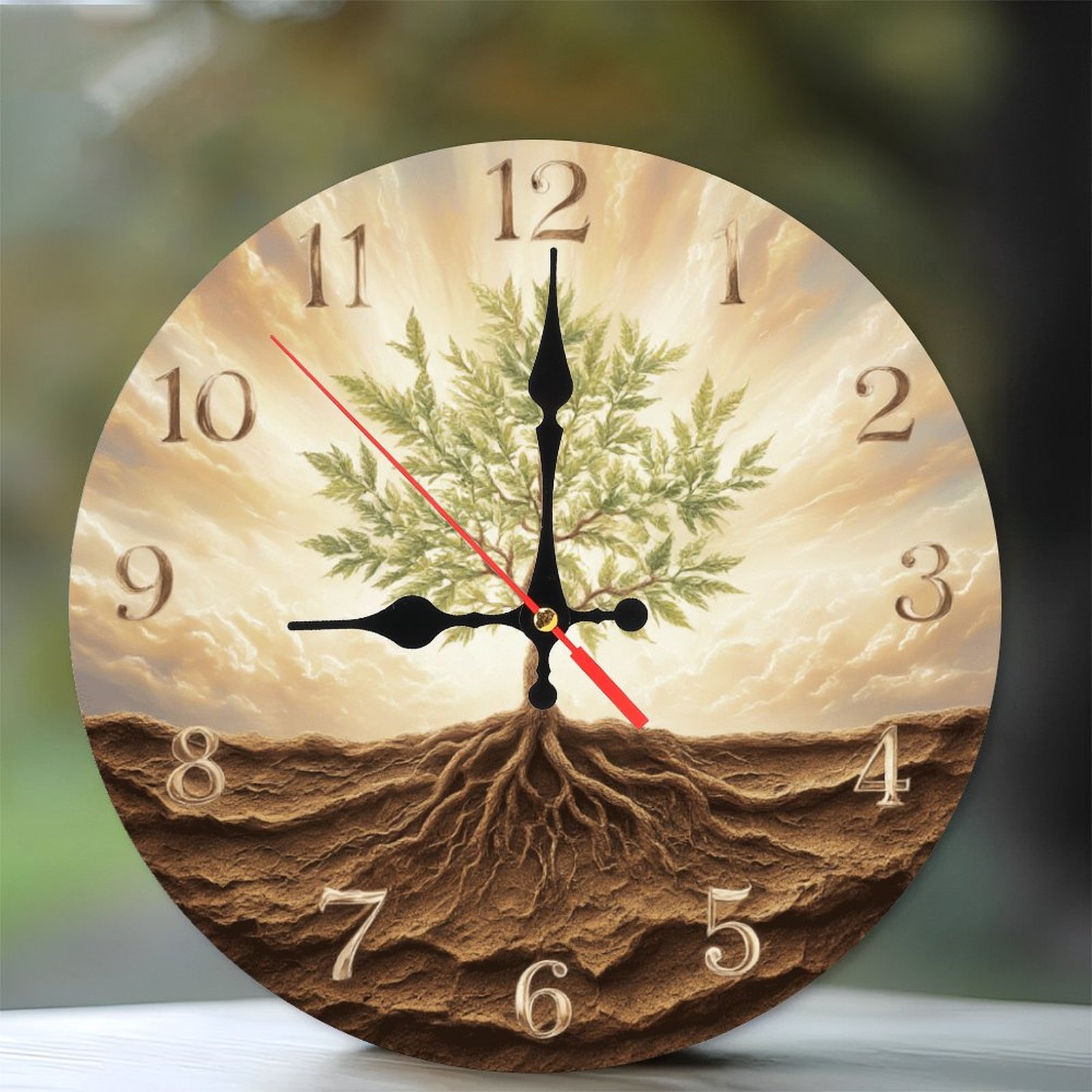 10-Inch Silent Wooden Wall Clock, " Wall Clock Tree Roots Sunrise ...