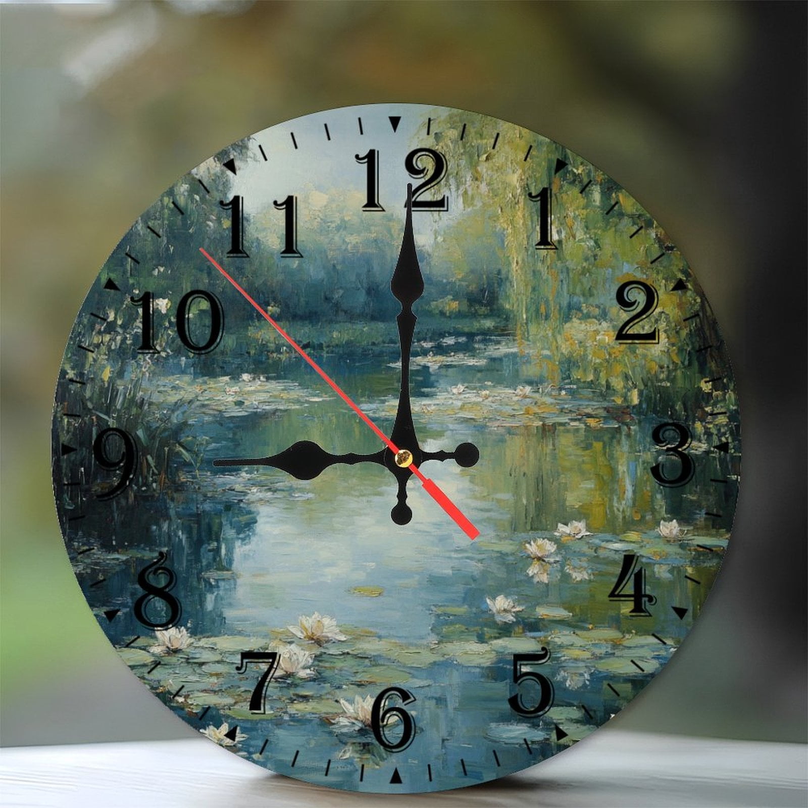 10-Inch Silent Wooden Wall Clock, " Waterlilies Pond Clock Face Scene ...