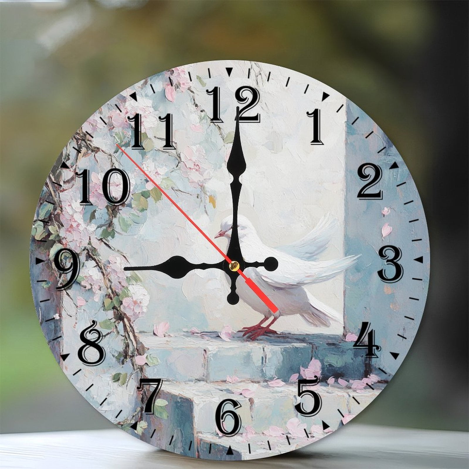 10-Inch Silent Wooden Wall Clock, " White Dove on Floral Clock Face ...