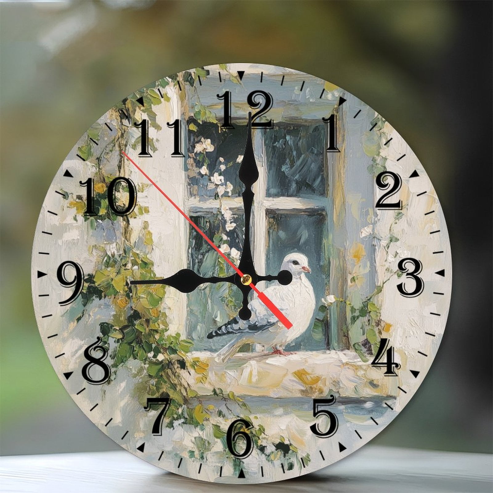 10-Inch Silent Wooden Wall Clock, " White Dove on Windowsill Floral ...