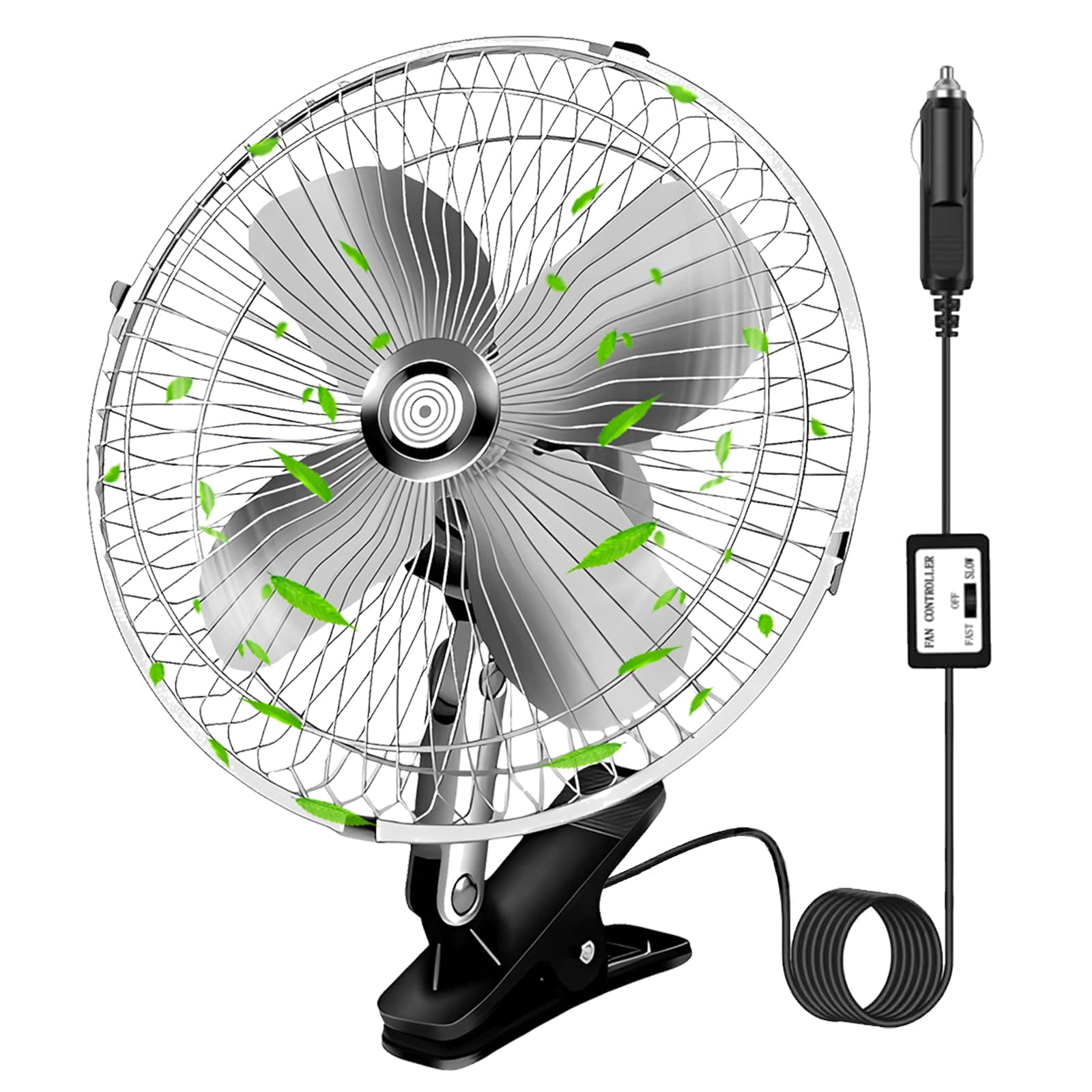 10-Inch Silver Cigarette Lighter Fan, Two-Speed Adjustment, 360-Degree ...