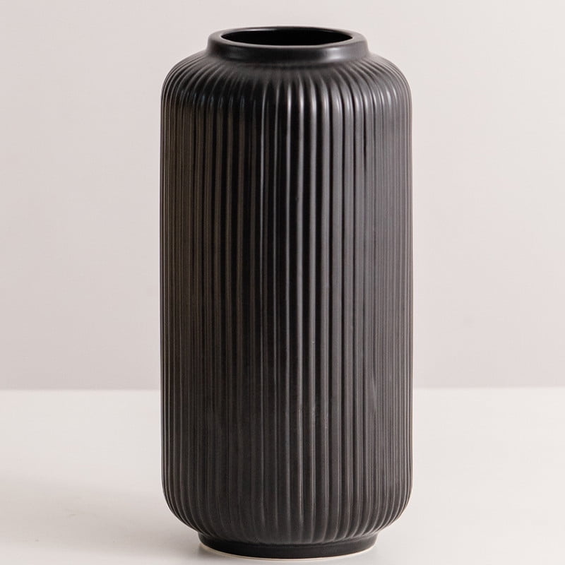 10 Inch Tall Glossy Black Ceramic Ribbed Vase for Flowers & Pampas ...