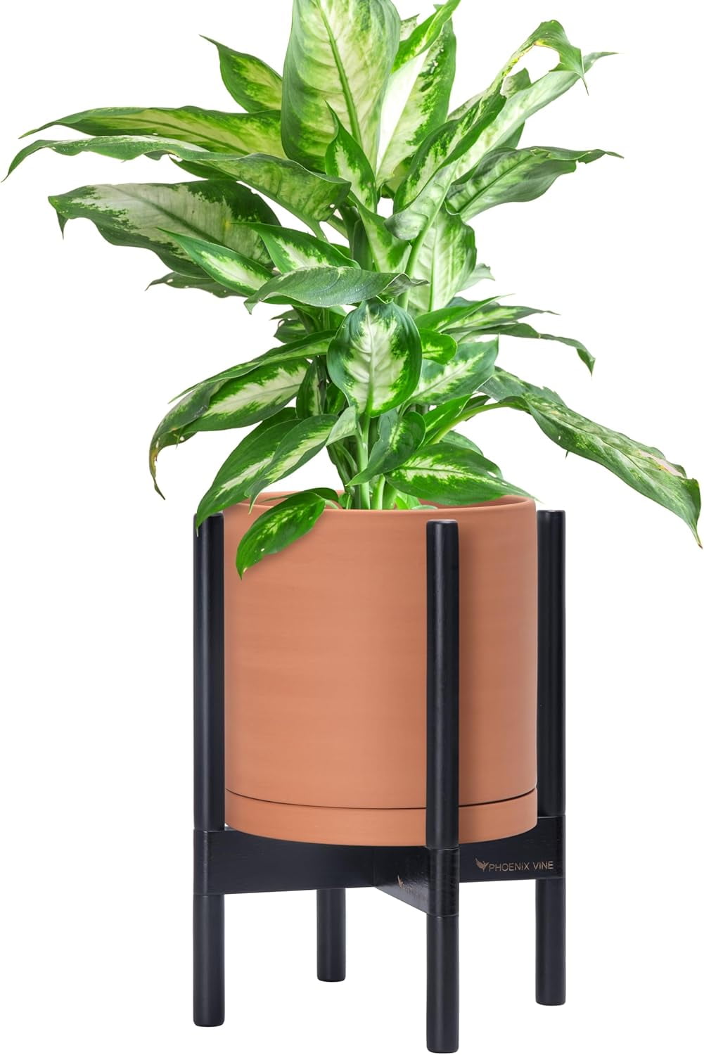 10 Inch Terracotta Planter with Ebony Wood Stand - Modern Round Flower ...