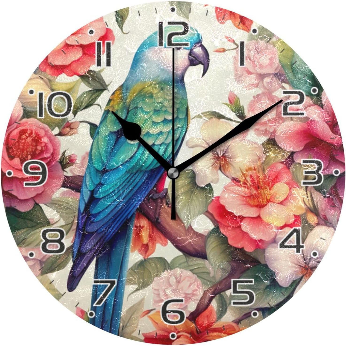 10 Inch Tropical Bird Clock Silent Round Wall Clock Non Ticking Battery ...