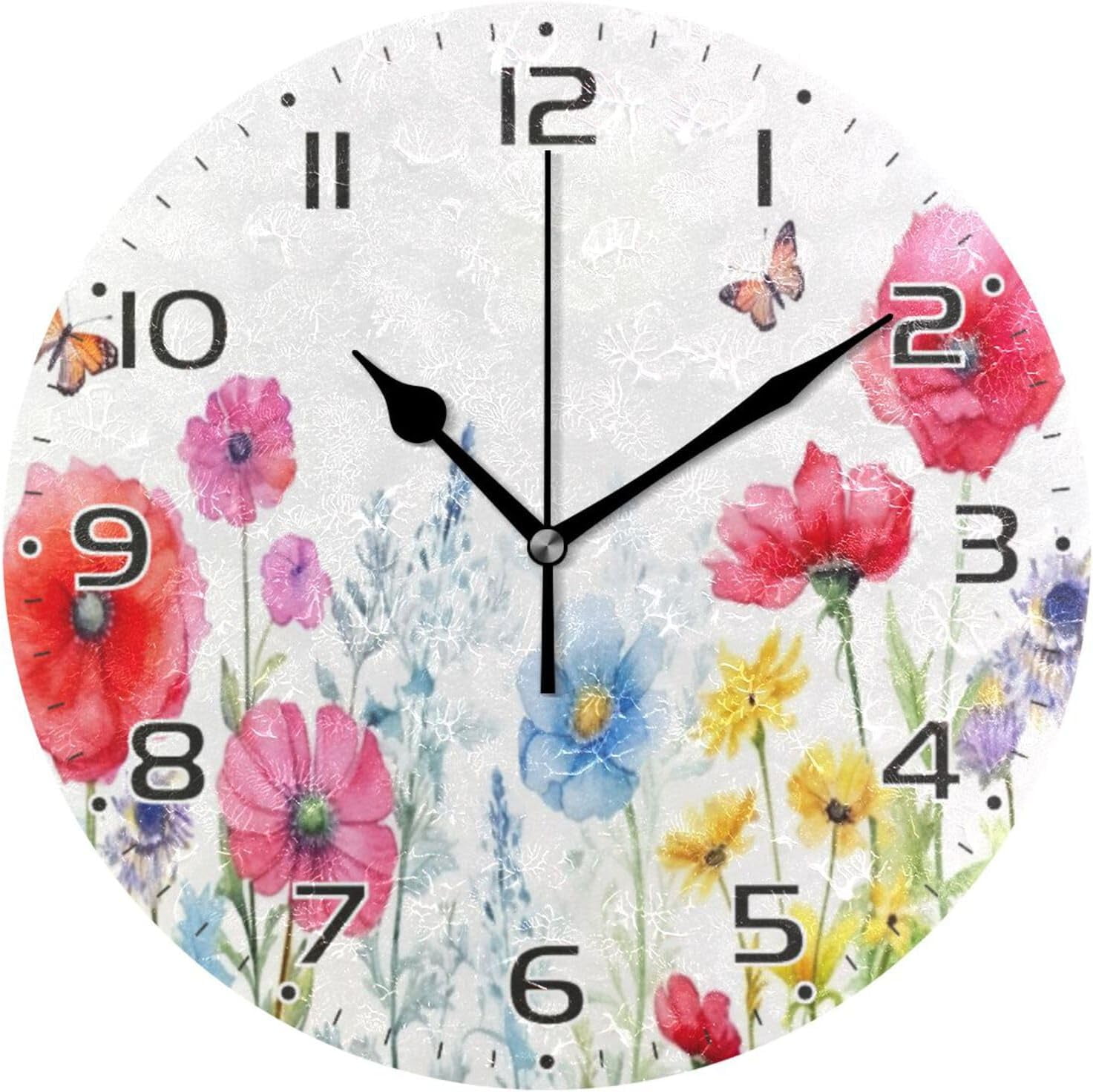 10 Inch Watercolor Flowers Clock Silent Round Wall Clock Non Ticking ...